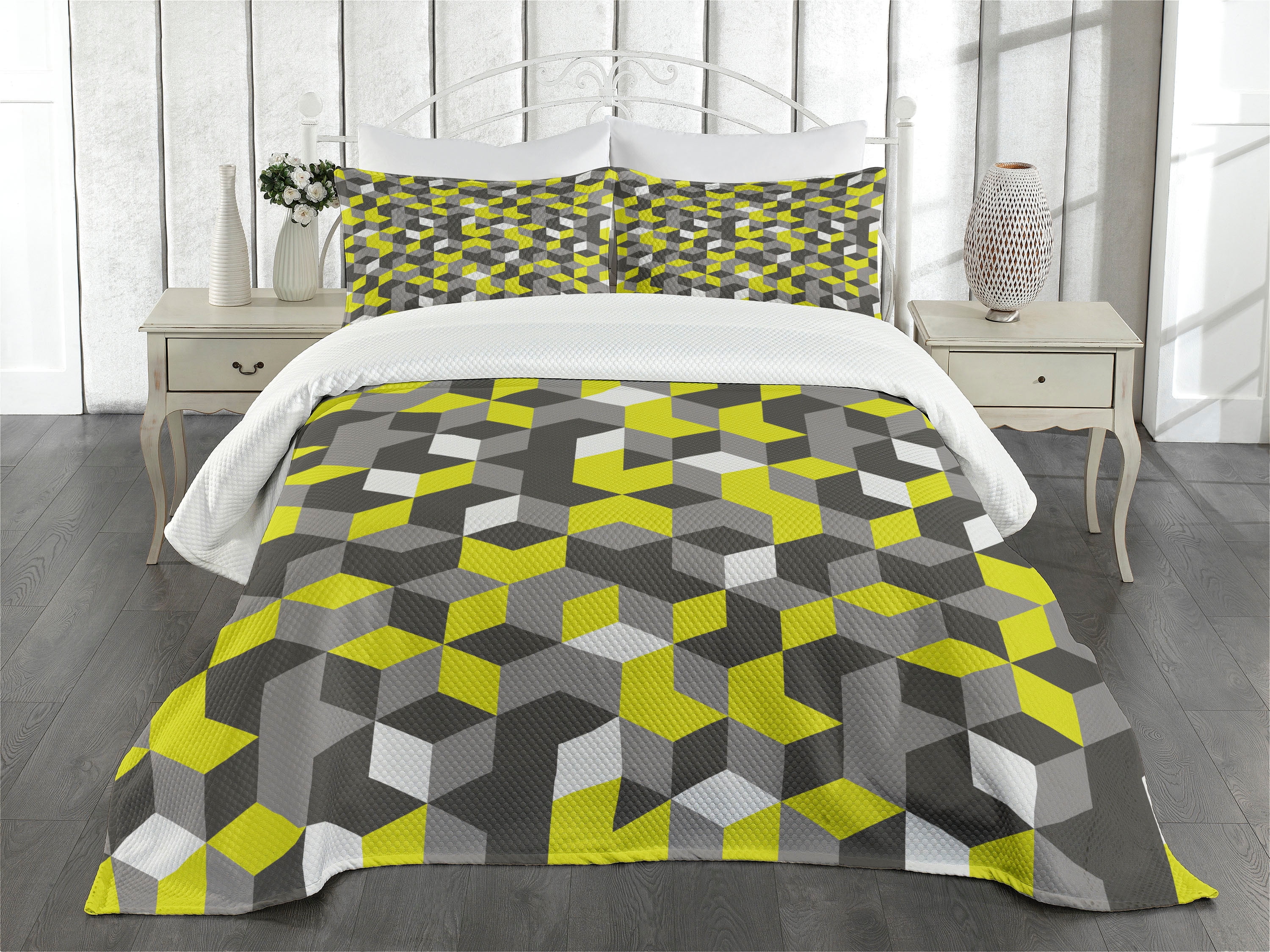 Ambesonne Mustard Yellow Quilted Bedspread Set 3 Pcs, Modern Box Cubes ...