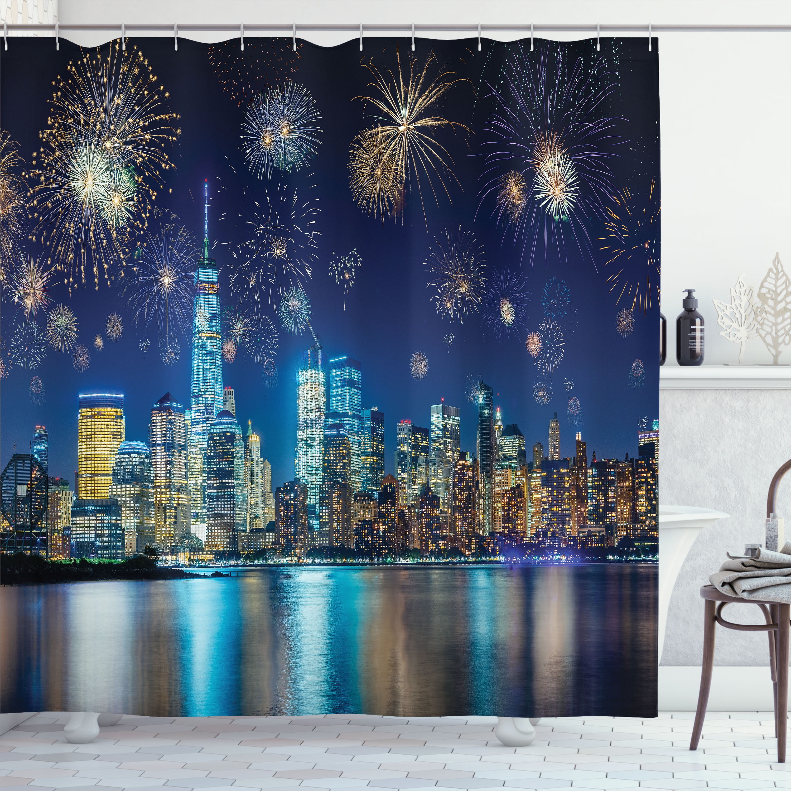 Ambesonne NYC Scene Shower Curtain, New Year Night Fireworks, 69"Wx70"L ...