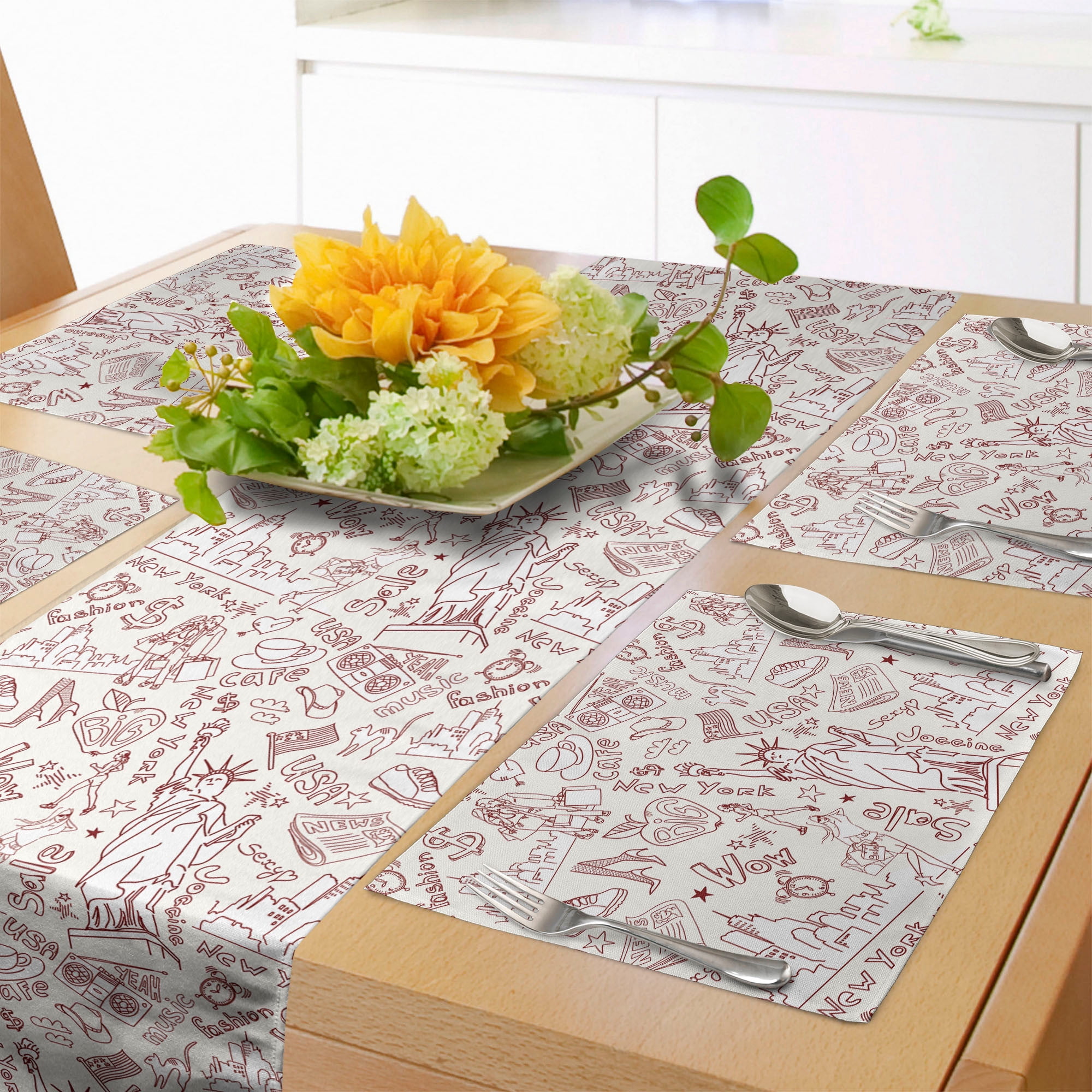 Ambesonne NYC Table Runner & Placemats, Famous of New York Doodle ...