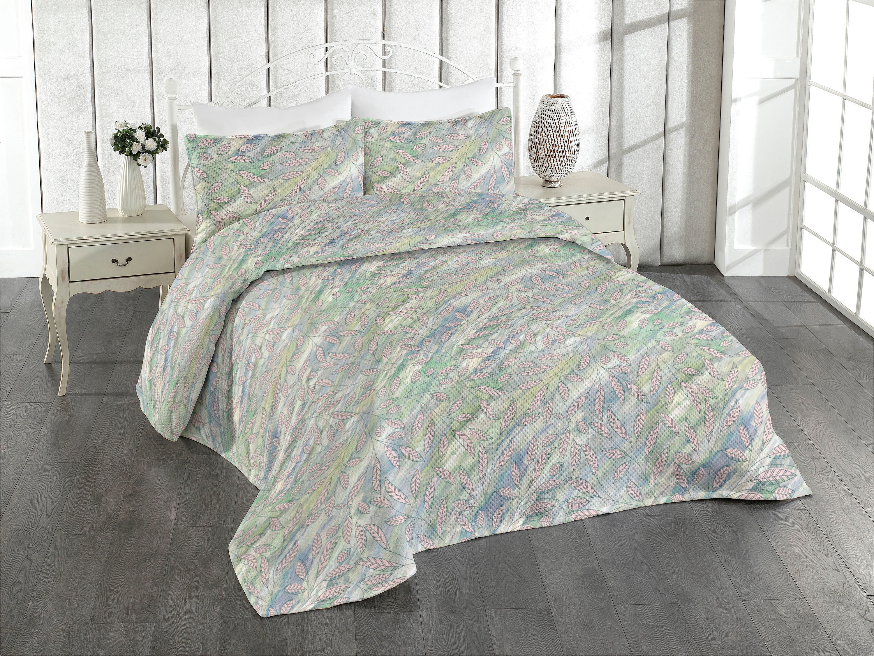 Ambesonne Nature Art Quilted Bedspread Set 3 Pcs, Abstract Leafy Woods ...