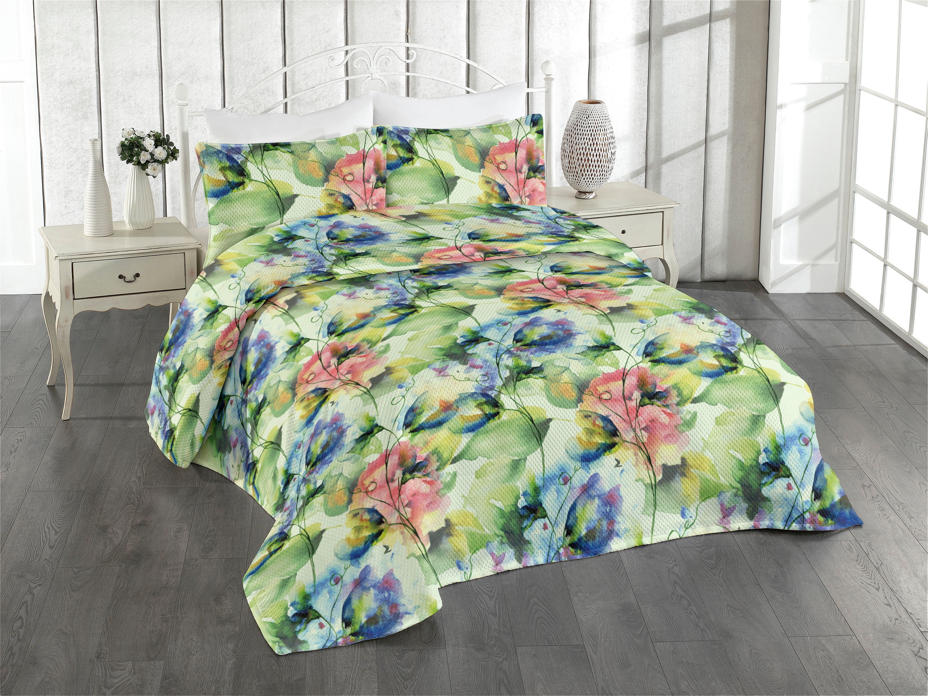 Ambesonne Nature Art Quilted Bedspread Set 3 Pcs, Garden of Blooms ...
