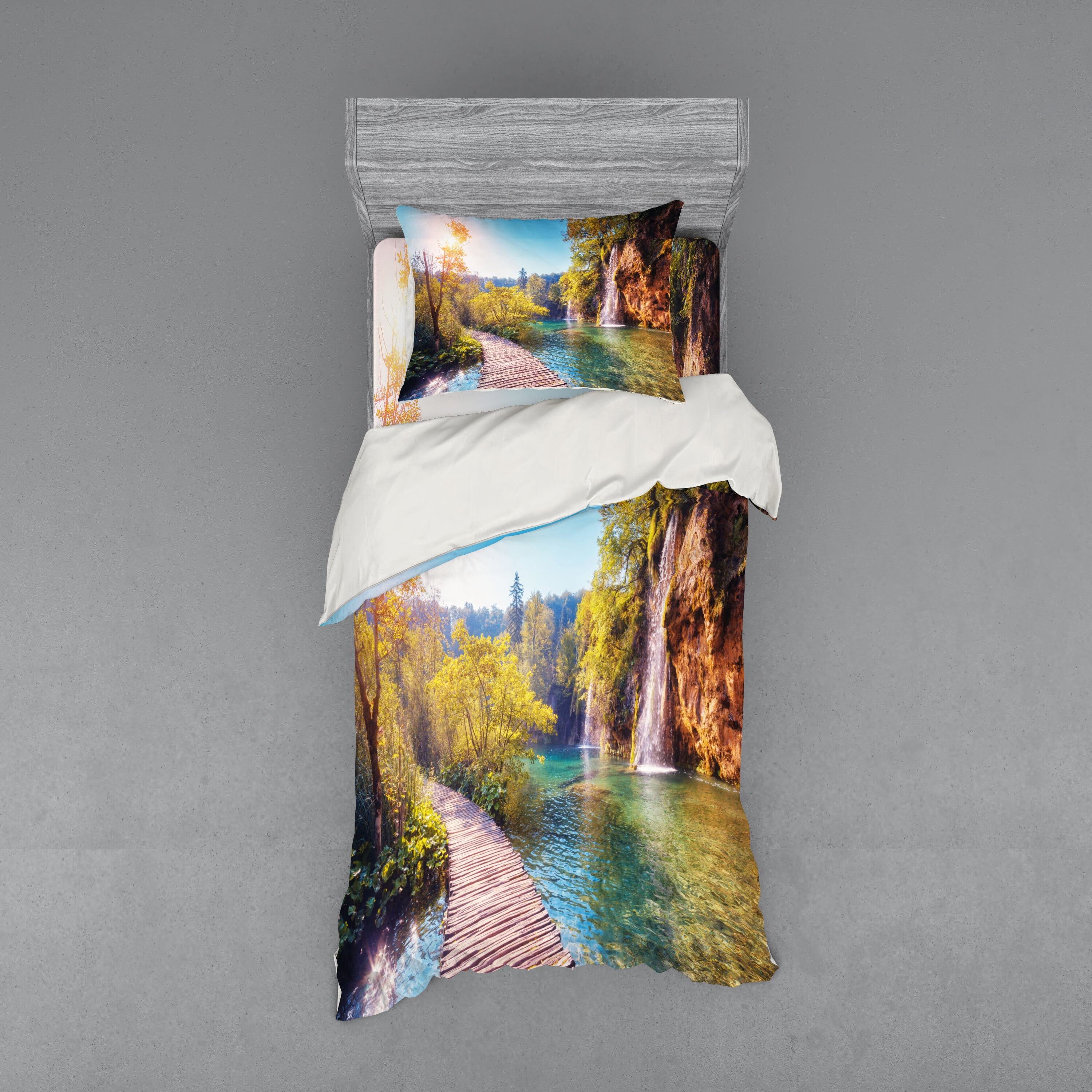 Ambesonne Nature Bedding Set 3 Pcs, Idyllic Lake Waterfall, Twin ...