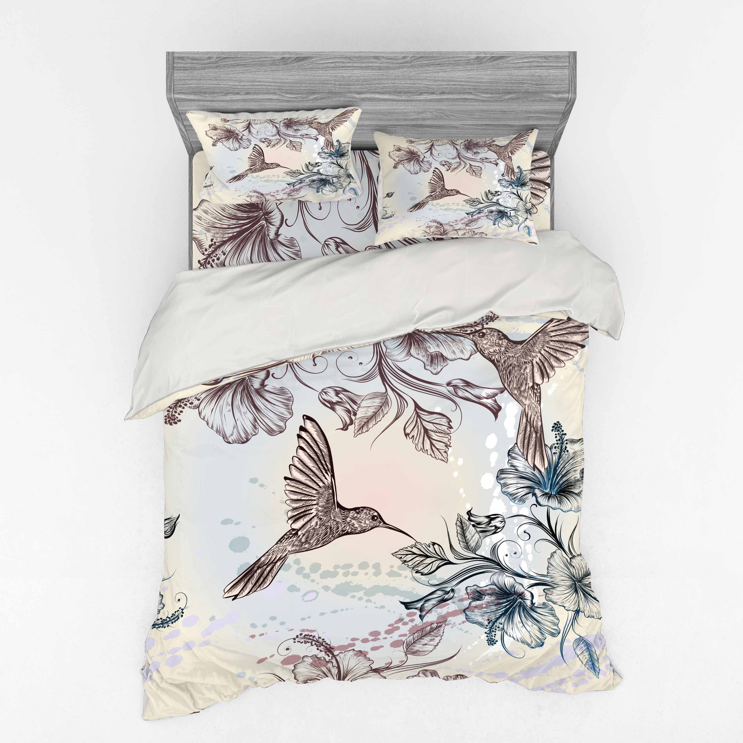 Ambesonne Nature Bedding Set 4 Pcs, Birds Hibiscus Flowers, Queen, Teal ...