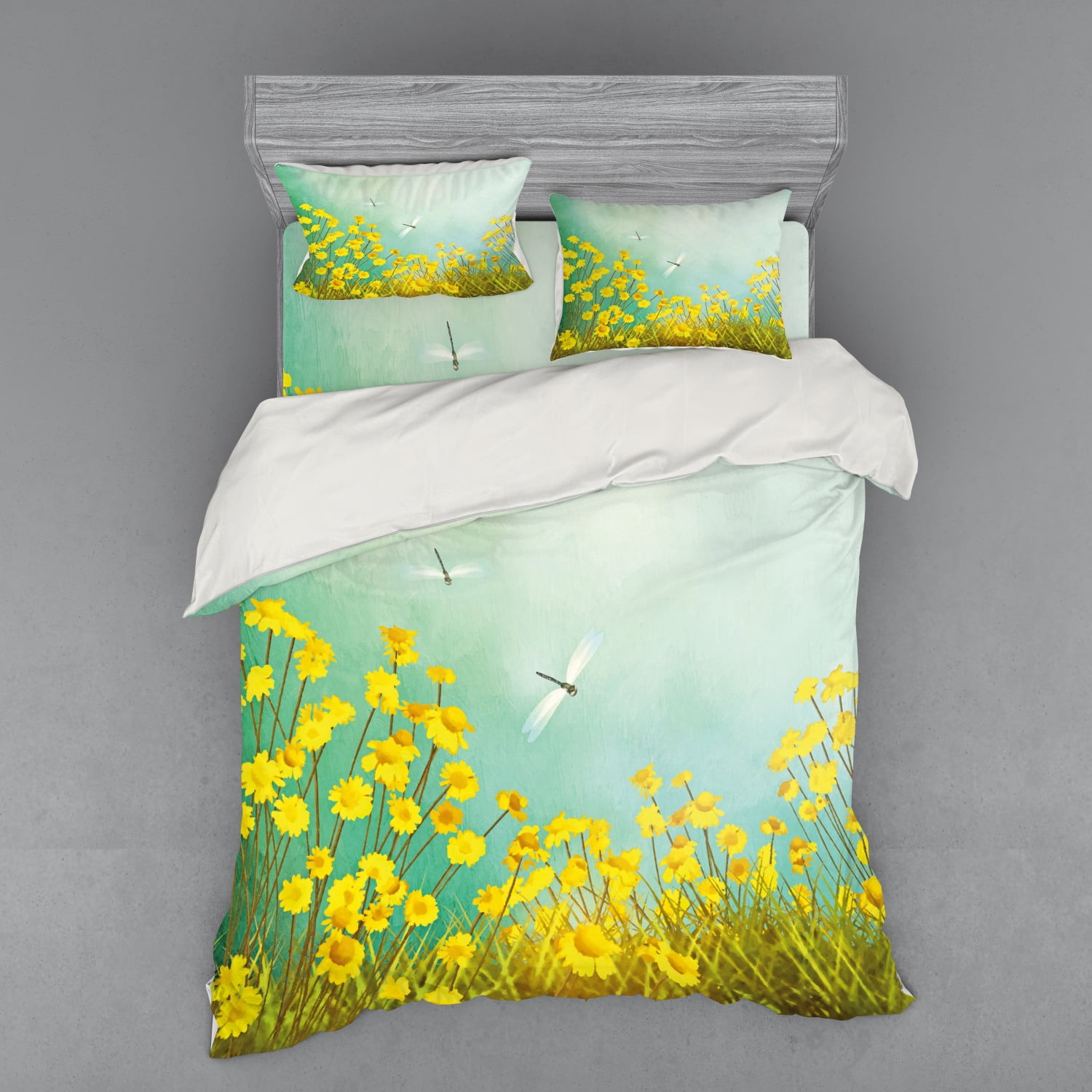 Ambesonne Nature Bedding Set 4 Pcs, Daisies and Dragonflies, Queen ...