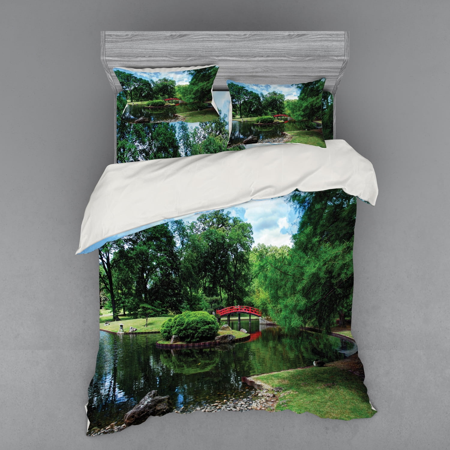 Ambesonne Nature Bedding Set 4 Pcs, Japanese Garden Lake, Queen, Green ...