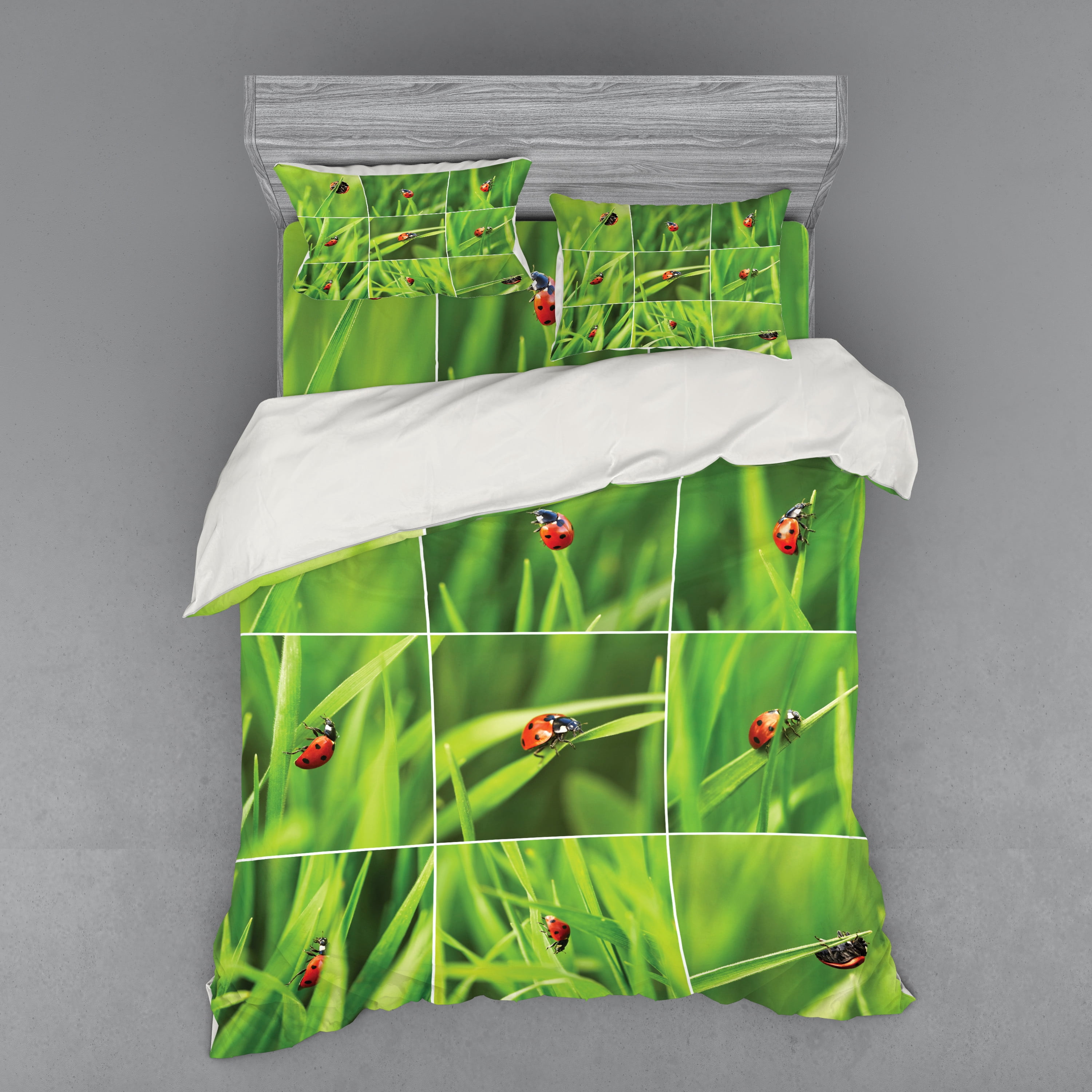 Ambesonne Nature Bedding Set 4 Pcs, Ladybug over Fresh Grass, Queen ...