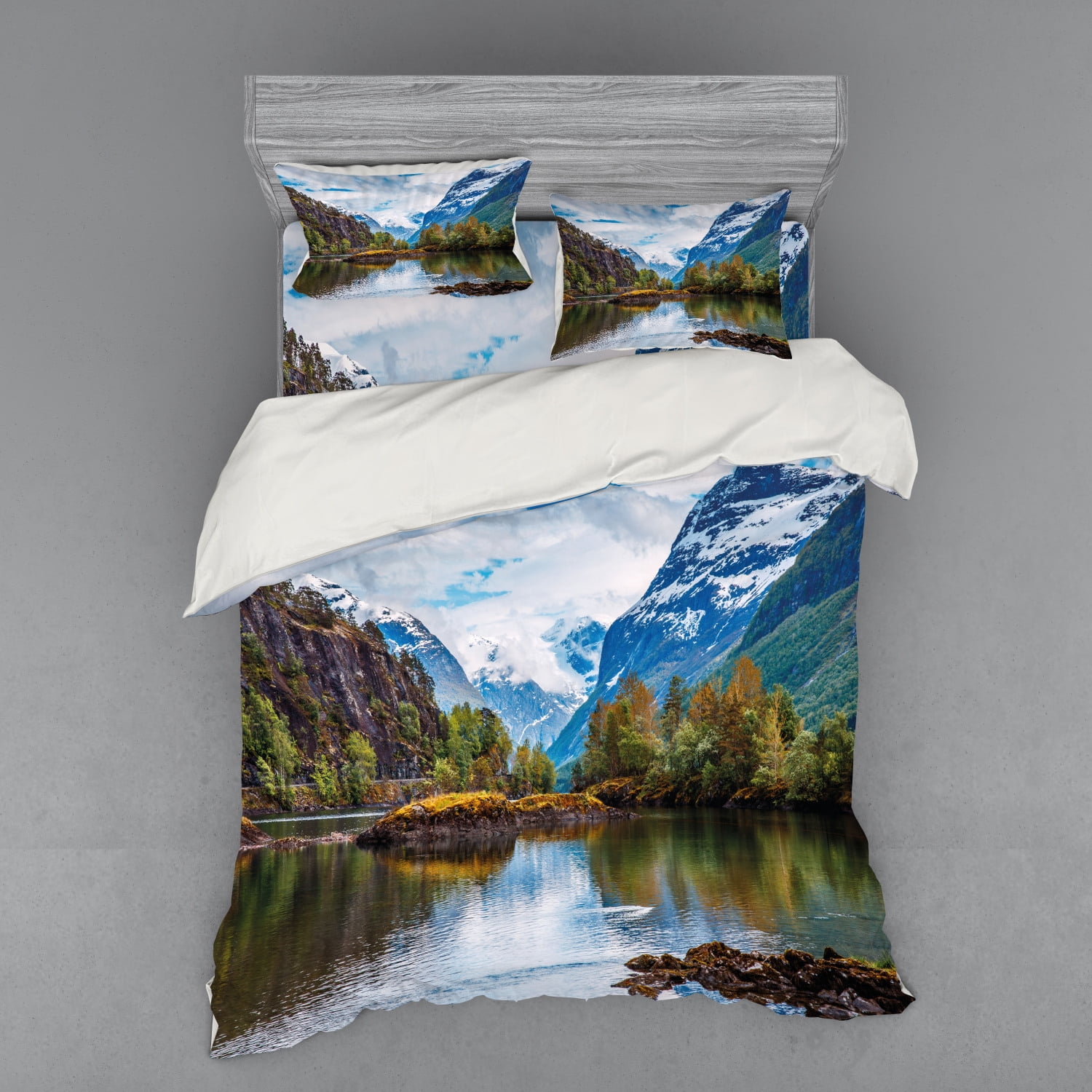 Ambesonne Nature Bedding Set 4 Pcs, Snowy Norway Mountains, Queen ...