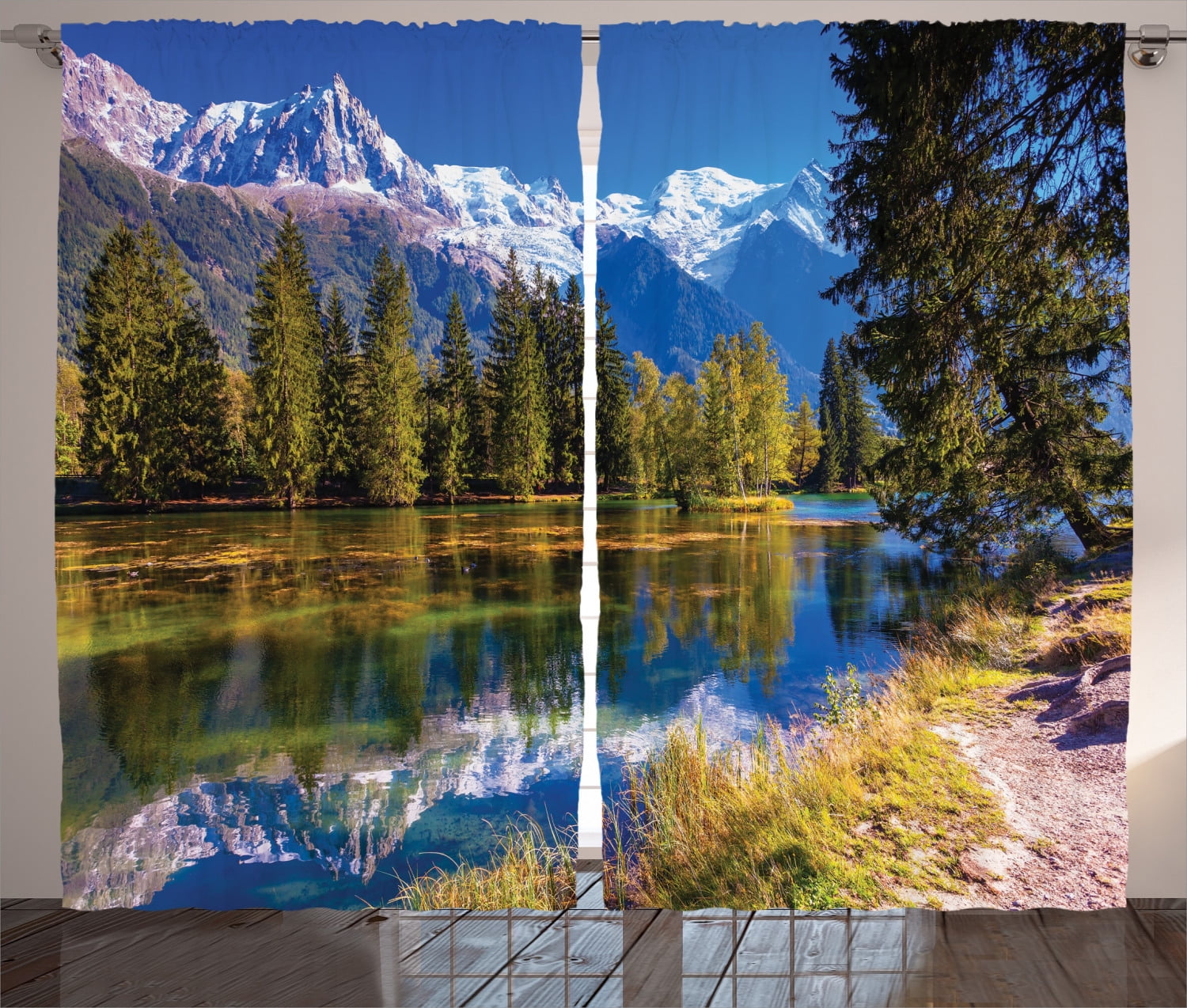 Ambesonne Nature Curtains 2 Panel Set, Snowy Alps Lake Pine, 108" x 84 ...