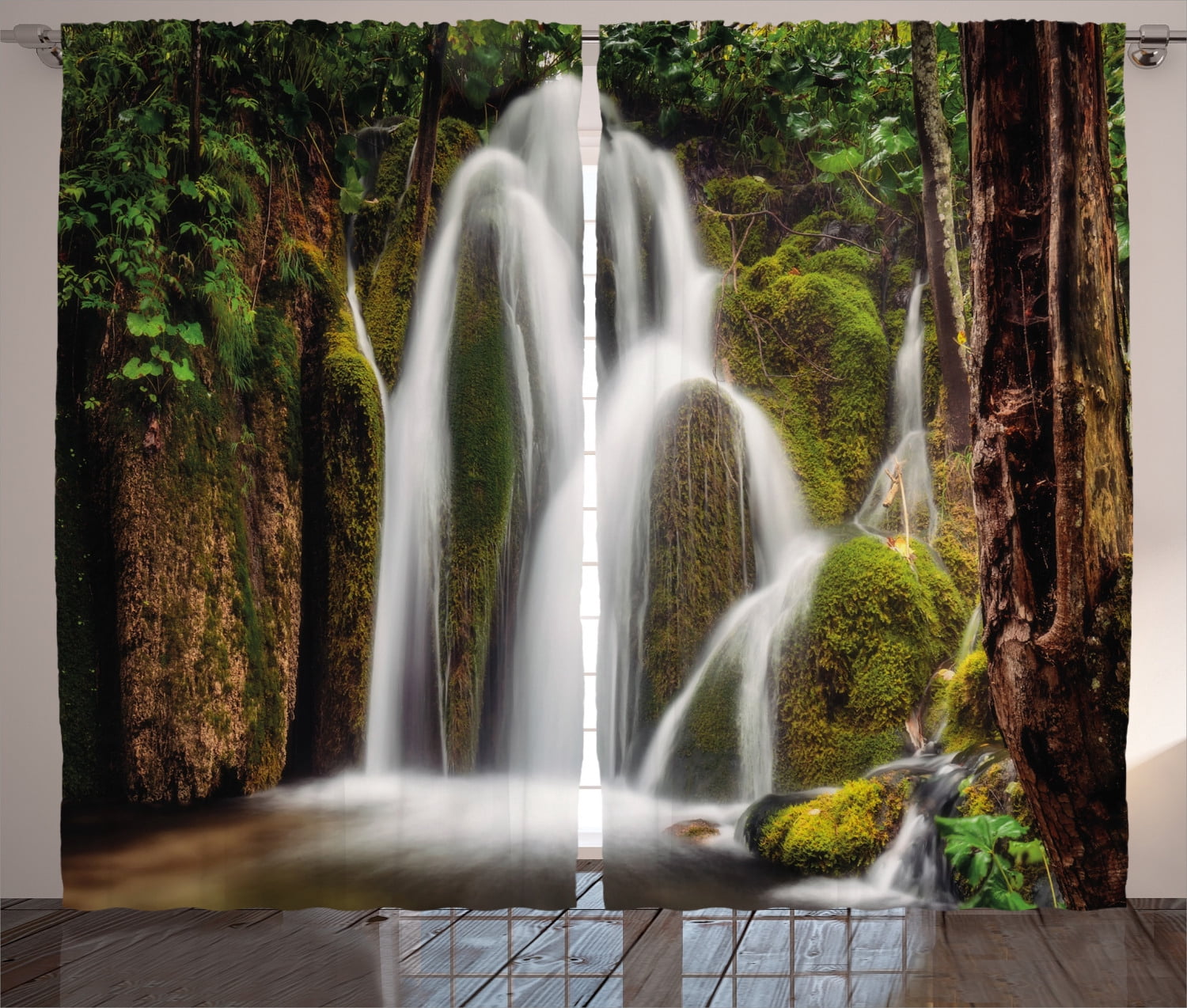 Ambesonne Nature Curtains 2 Panel Set, Waterfall Forest Cascade, 108" x ...