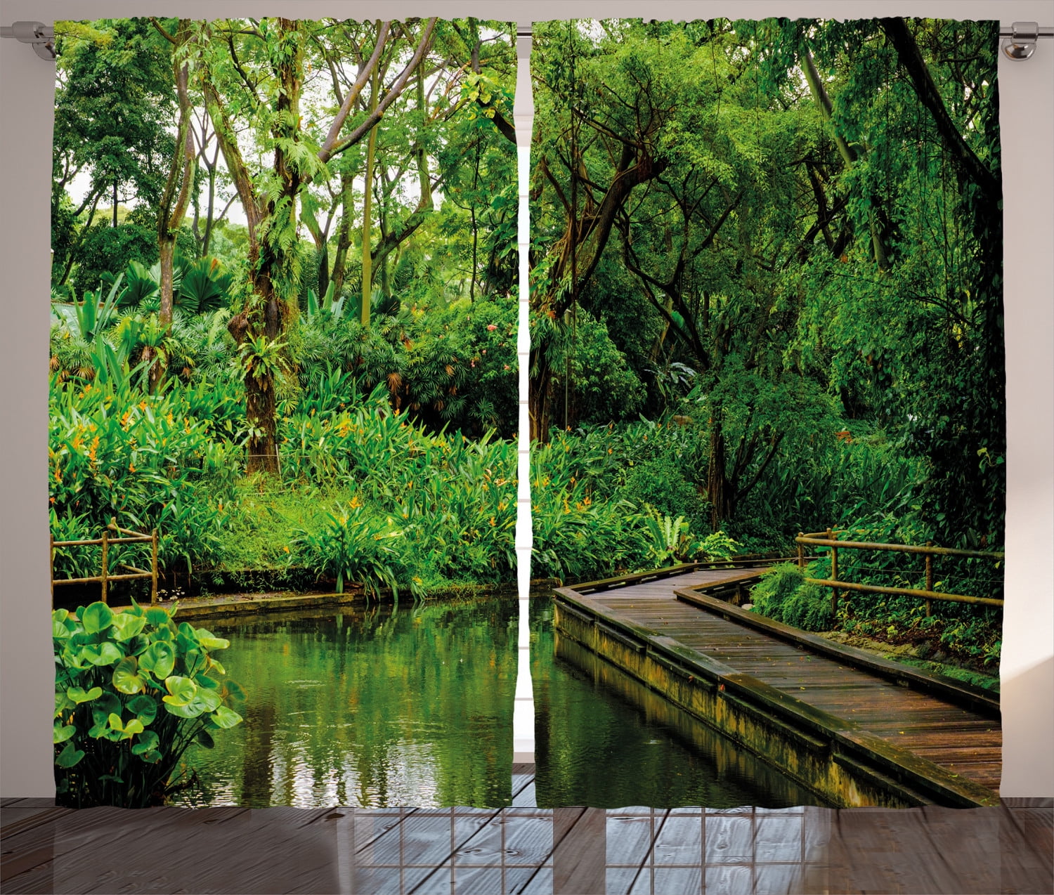 Ambesonne Nature Curtains 2 Panel Set, Wild Exotic Forest Pier, 108" x ...
