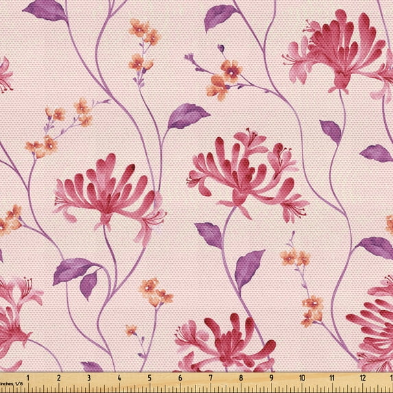 Ambesonne Nature Fabric by the Yard Upholstery, Flowers Leaves Pinkish ...