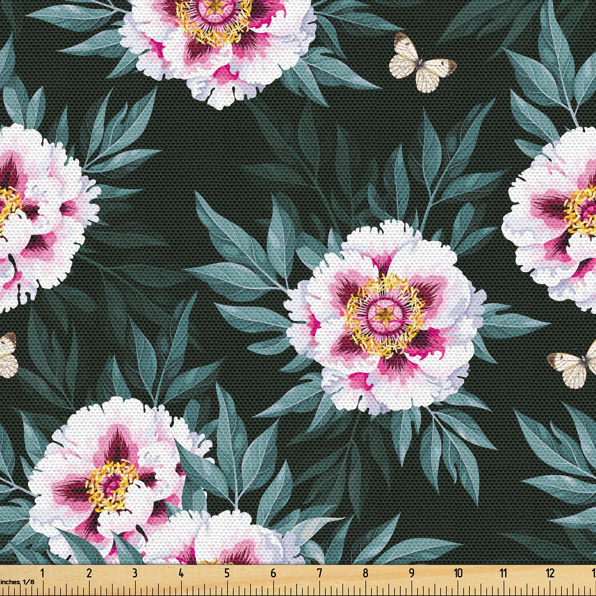 Ambesonne Nature Fabric by the Yard, Peony Butterfly Pattern Art, 5 ...
