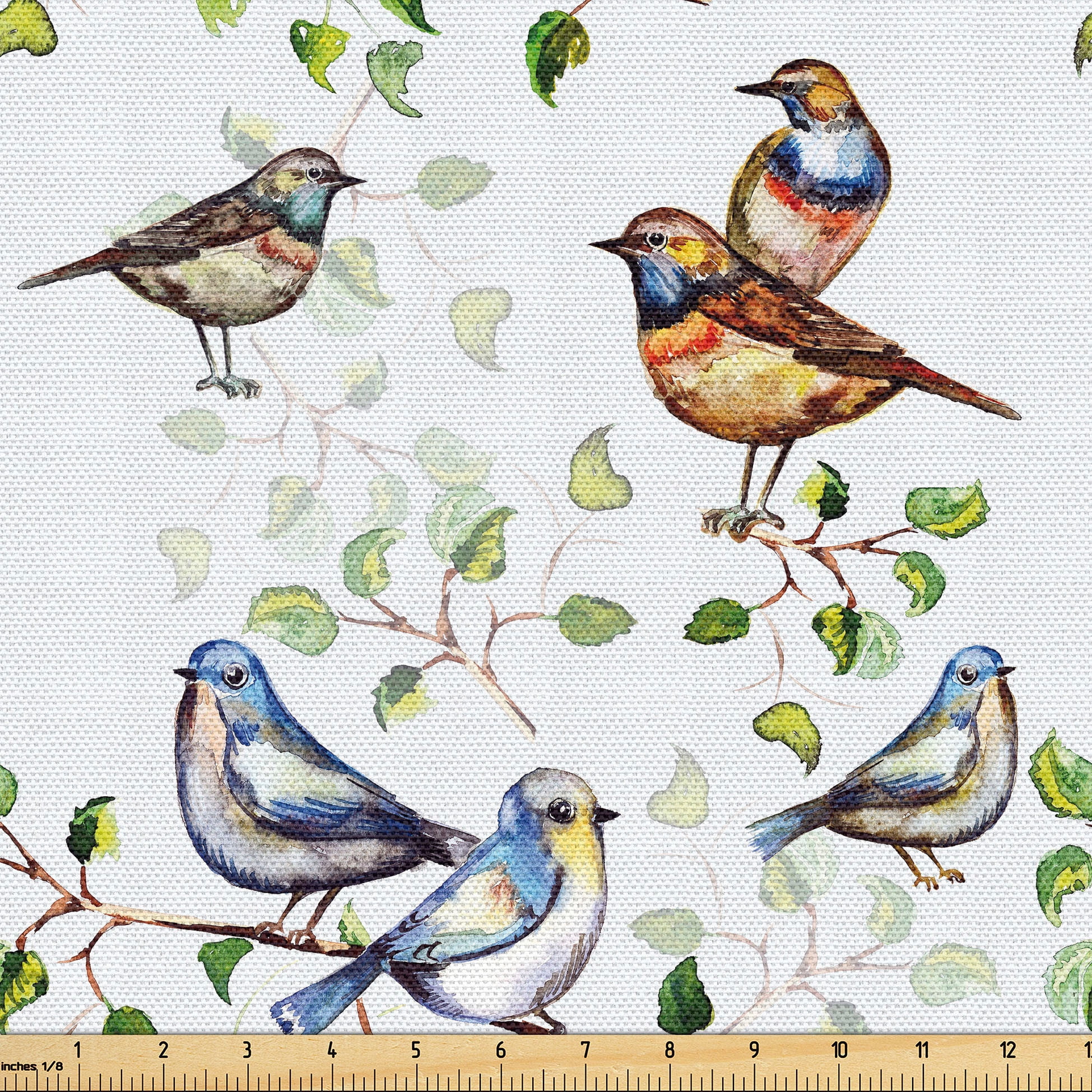 Ambesonne Nature Fabric by the Yard Upholstery, Spring Birds Leaves ...