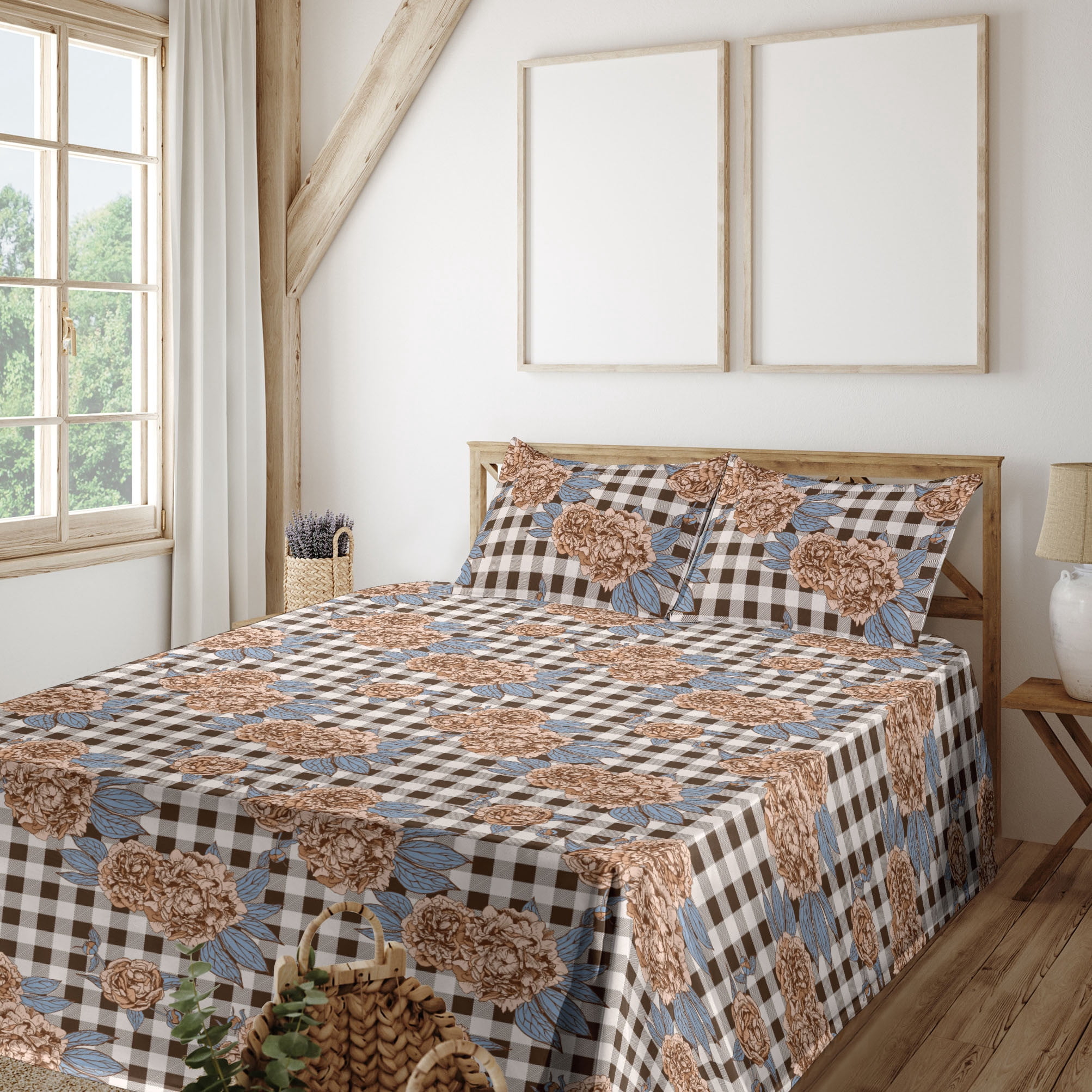 Ambesonne Nature Fitted & Flat Sheet with Shams 4 Pcs Set, Peonies on ...