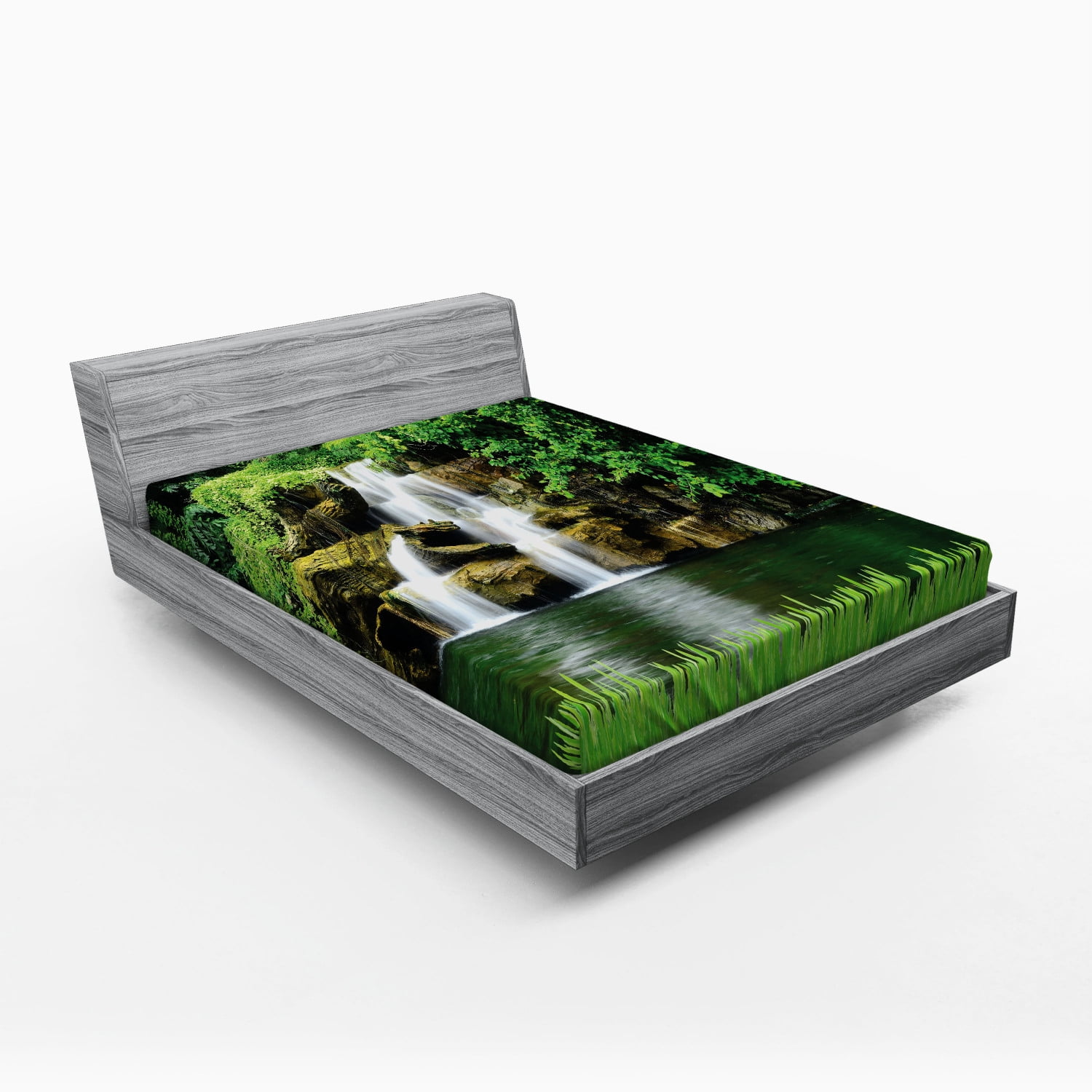 Ambesonne Nature Fitted Sheet, Lake Garden Waterfall, Queen Size, Green ...