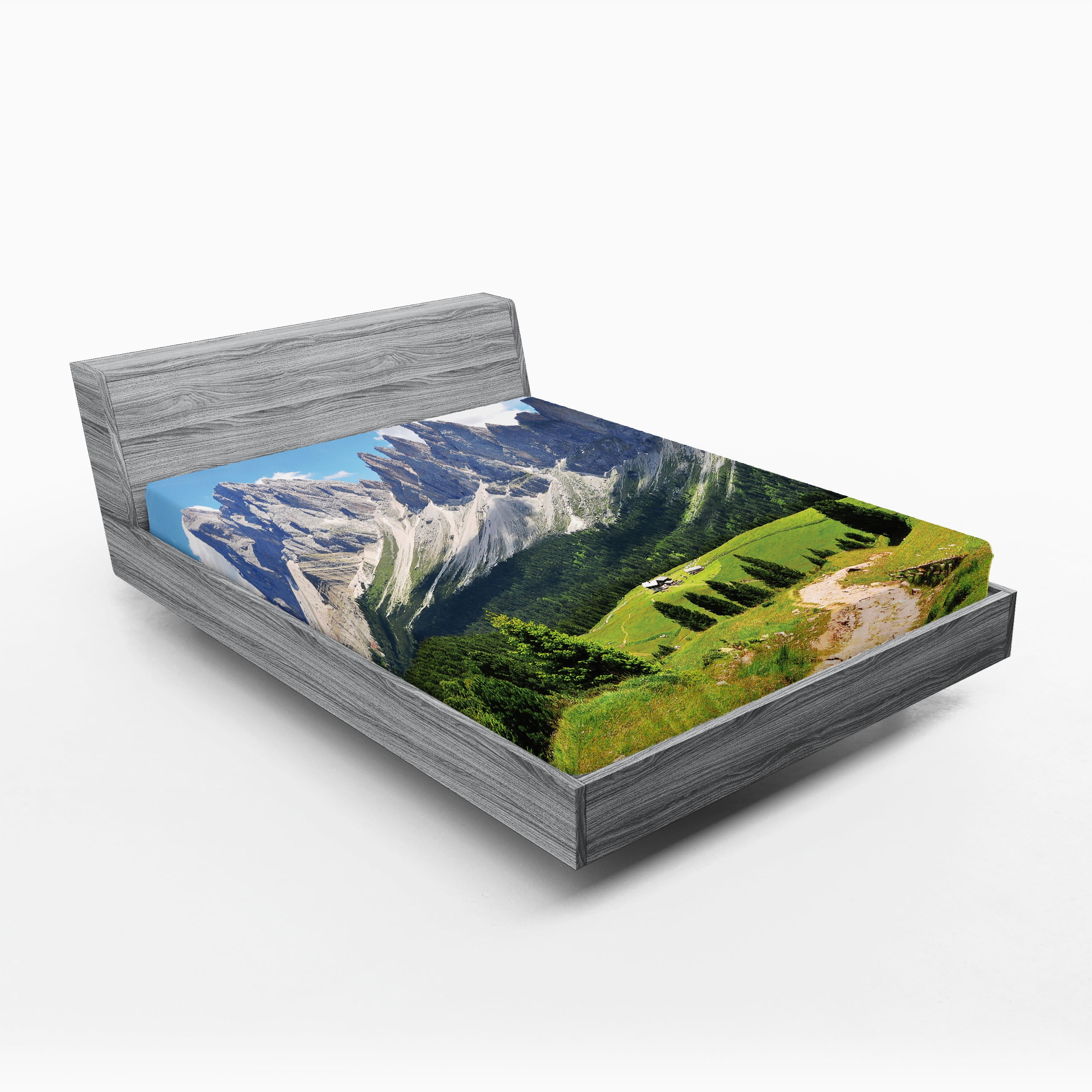 Ambesonne Nature Fitted Sheet, Pathway to Forest Alps, Full Size, Green ...