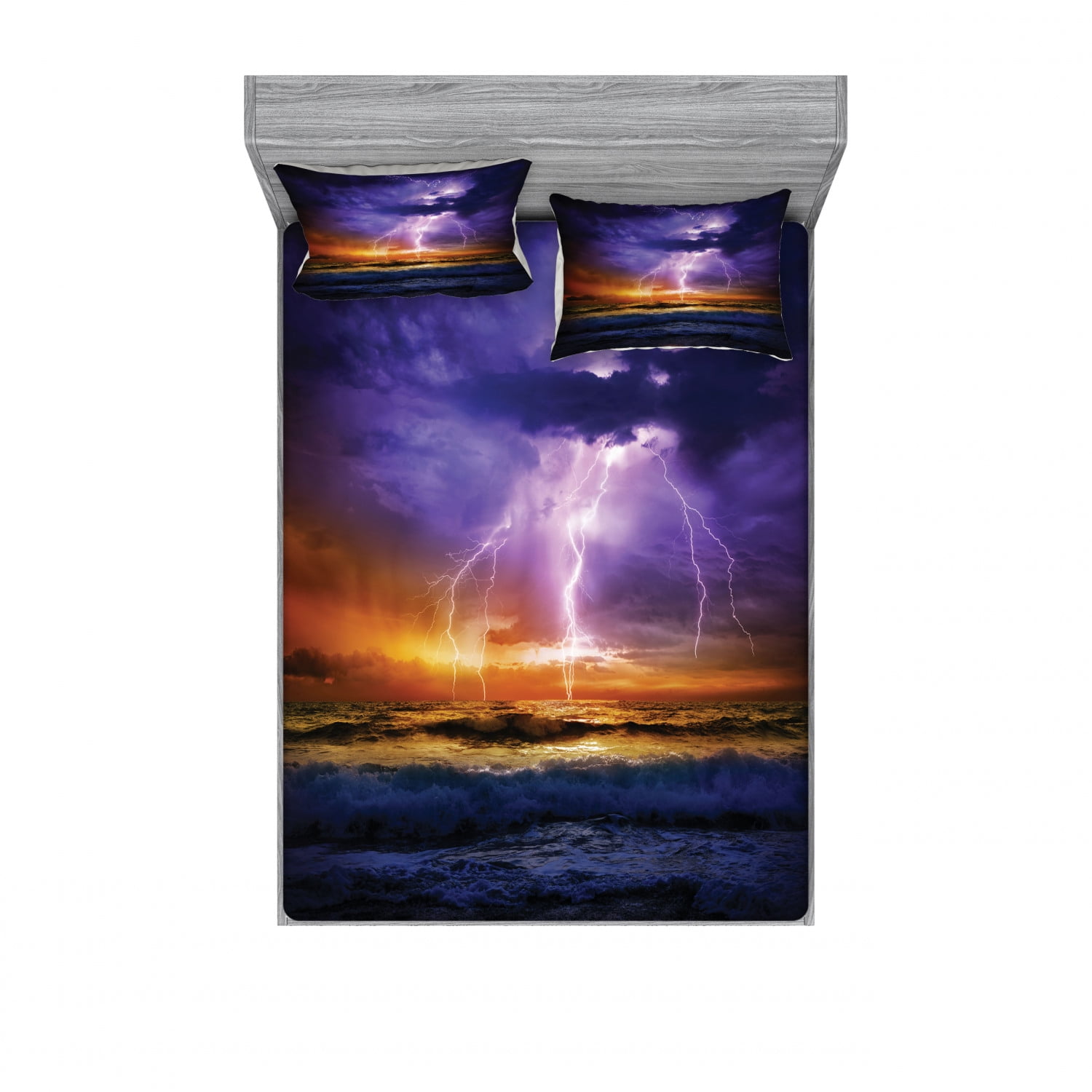 Ambesonne Nature Fitted Sheet & Pillow Sham Set, Epic Thunder ...