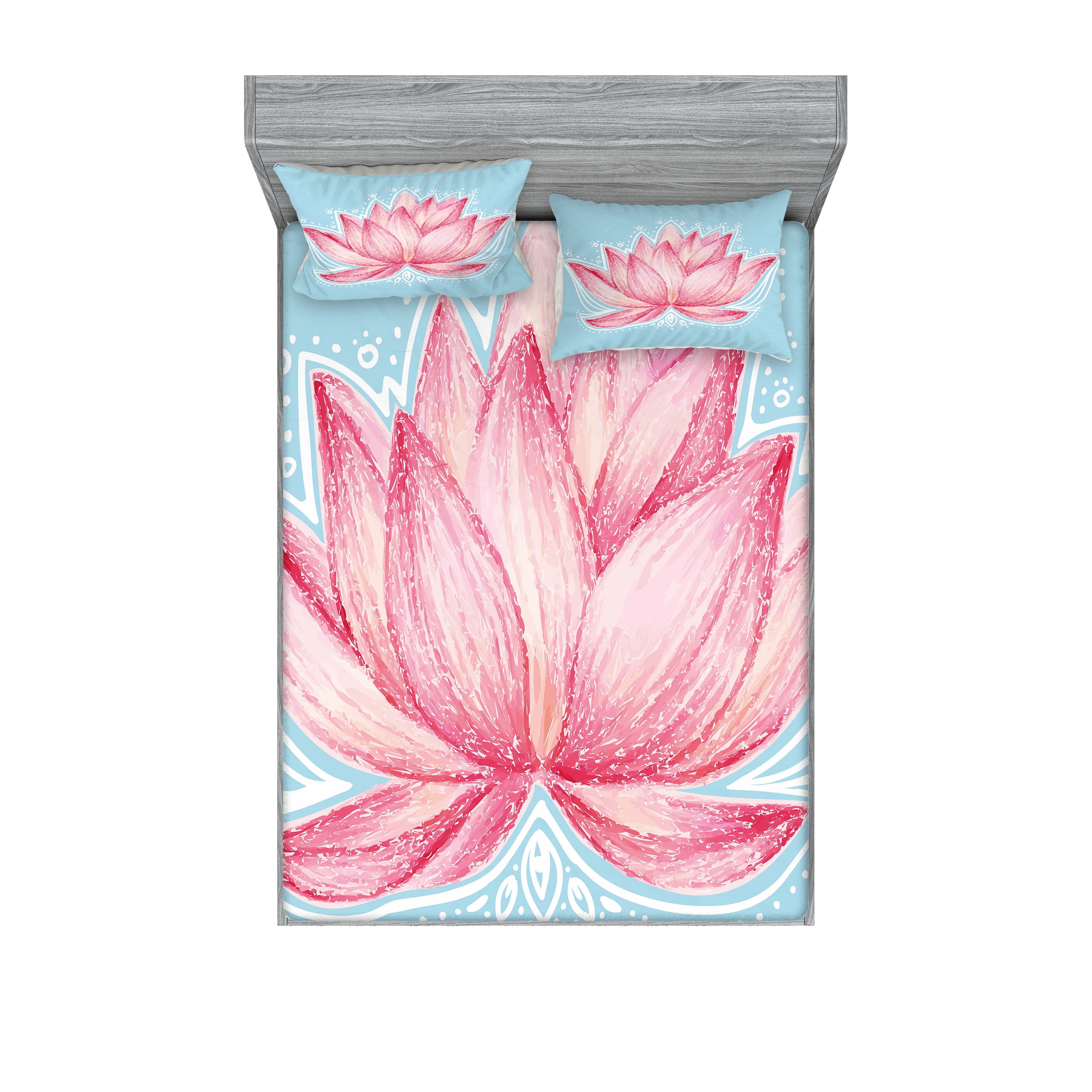 Ambesonne Nature Fitted Sheet & Pillow Sham Set, Gardening Lotus Flower ...