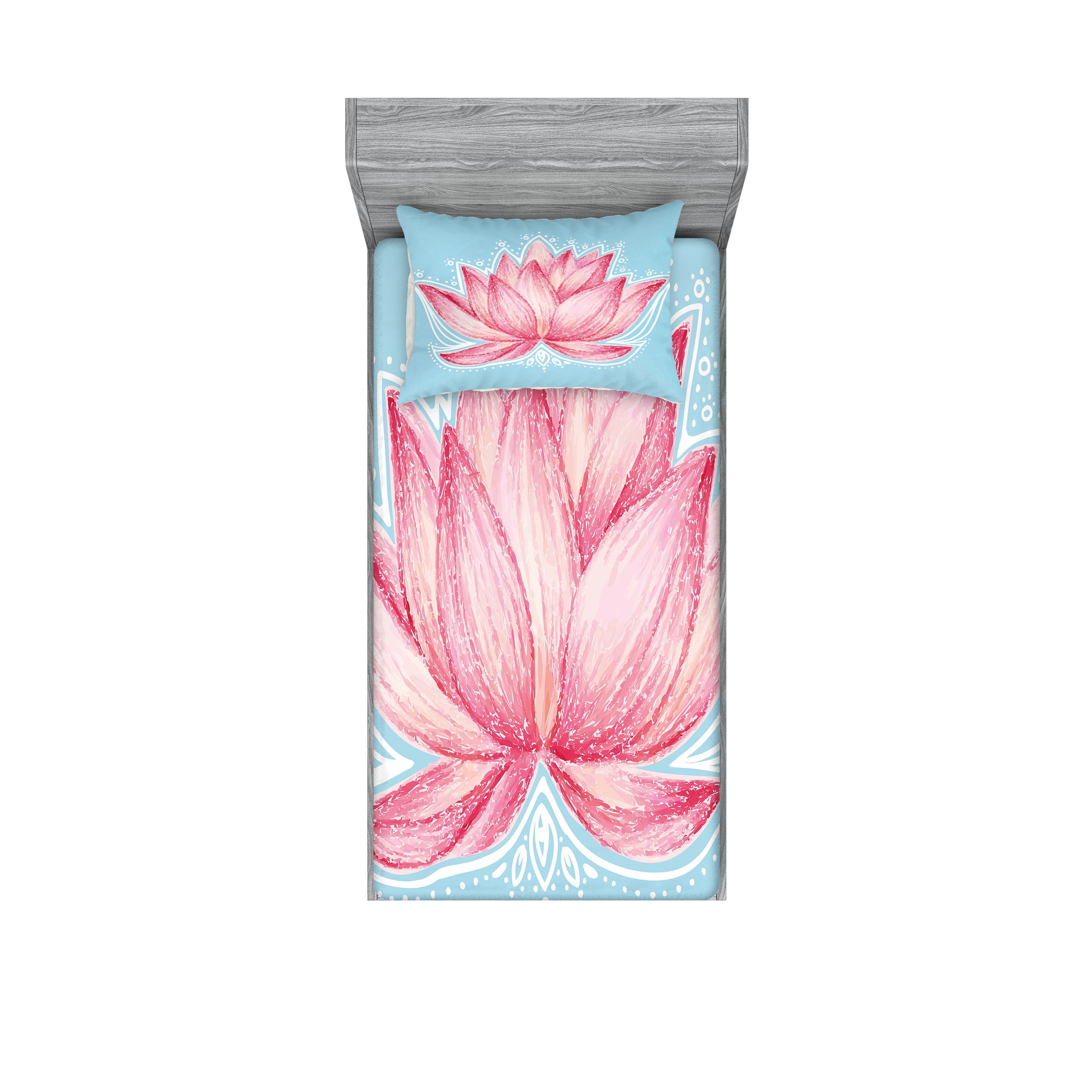 Ambesonne Nature Fitted Sheet & Pillow Sham Set, Gardening Lotus Flower ...