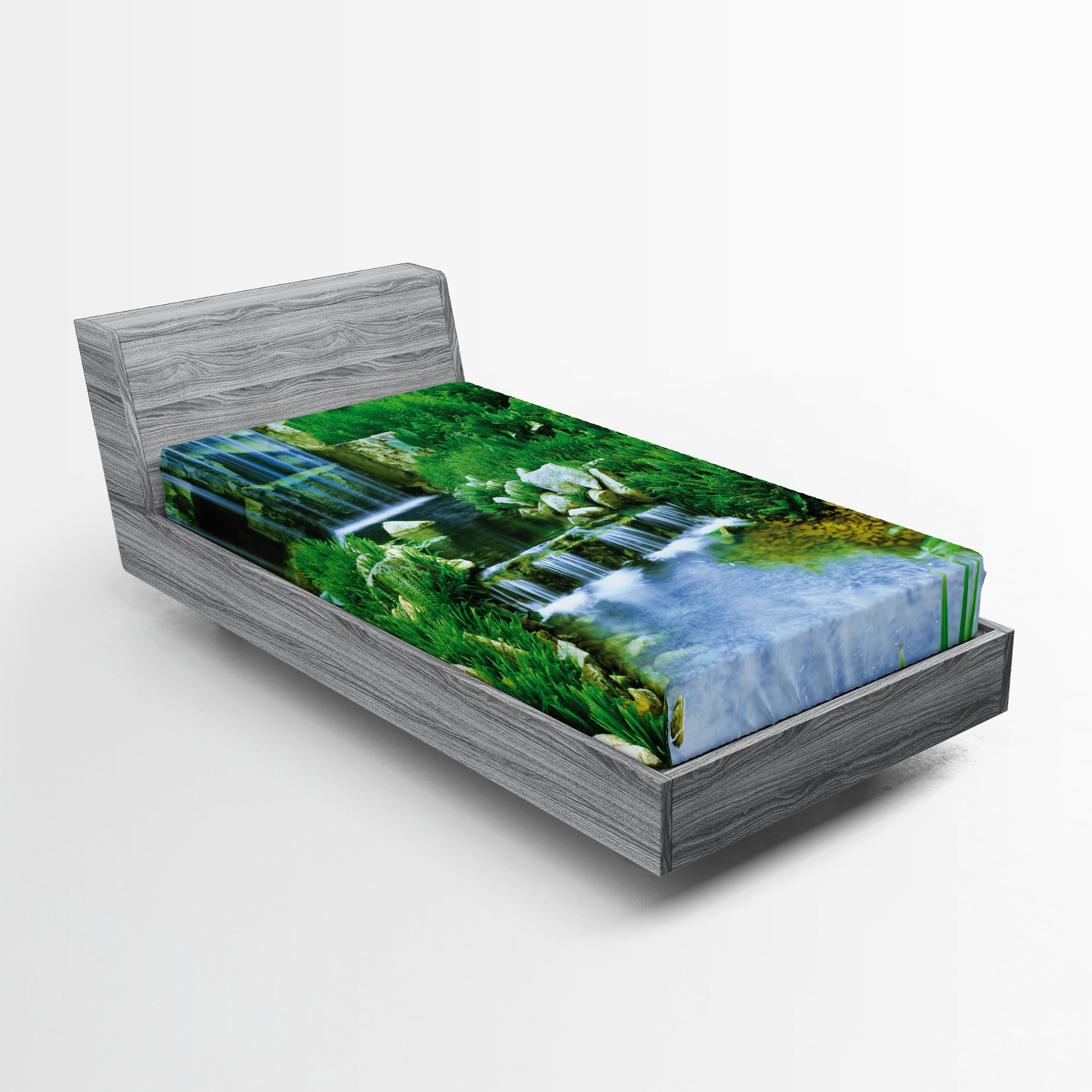 Ambesonne Nature Fitted Sheet, Waterfall Rocks Forest, Twin XL Size ...