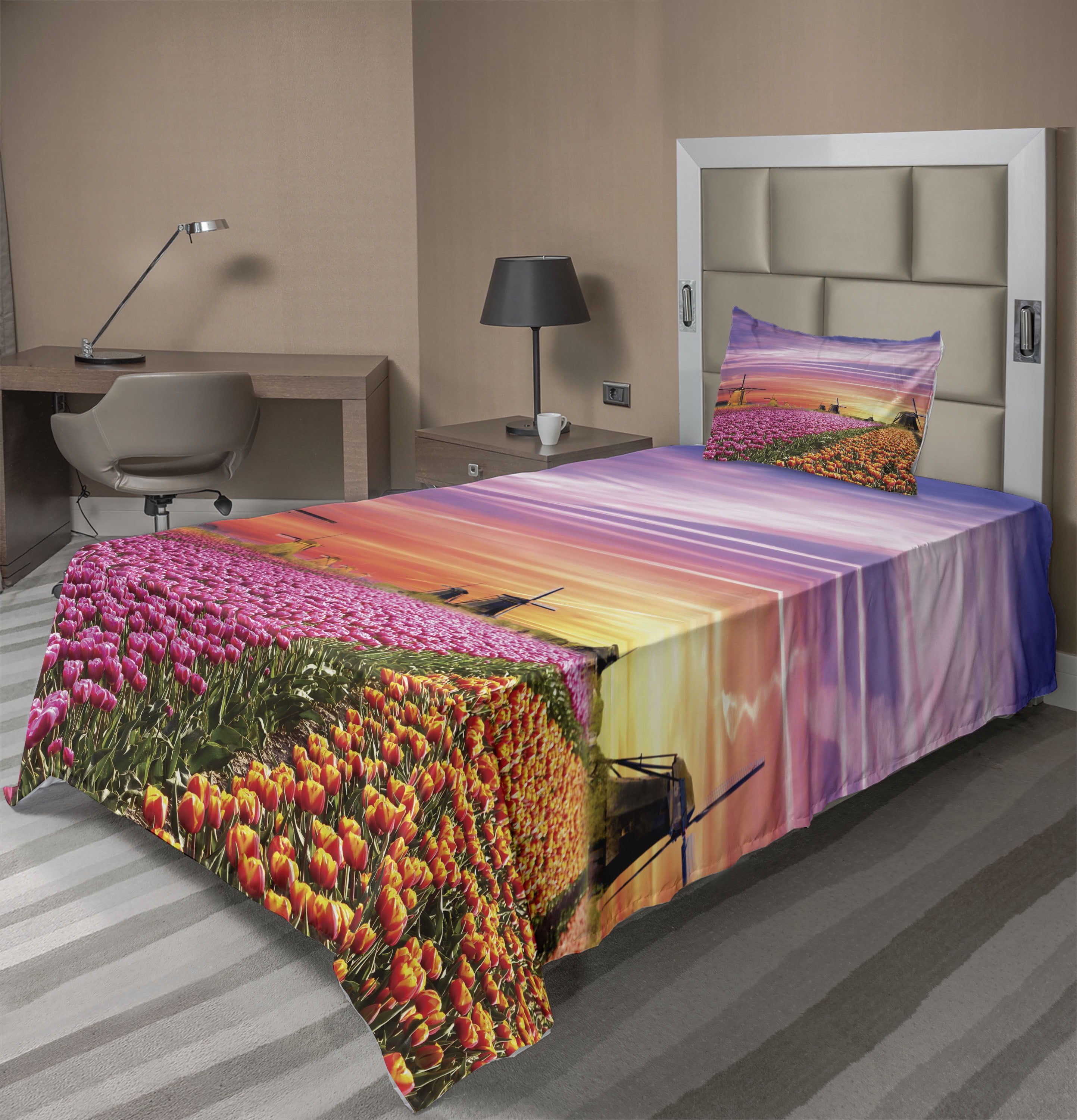 Ambesonne Nature Fitted & Top Sheet Set with Sham, Scenic Tulip Fields ...