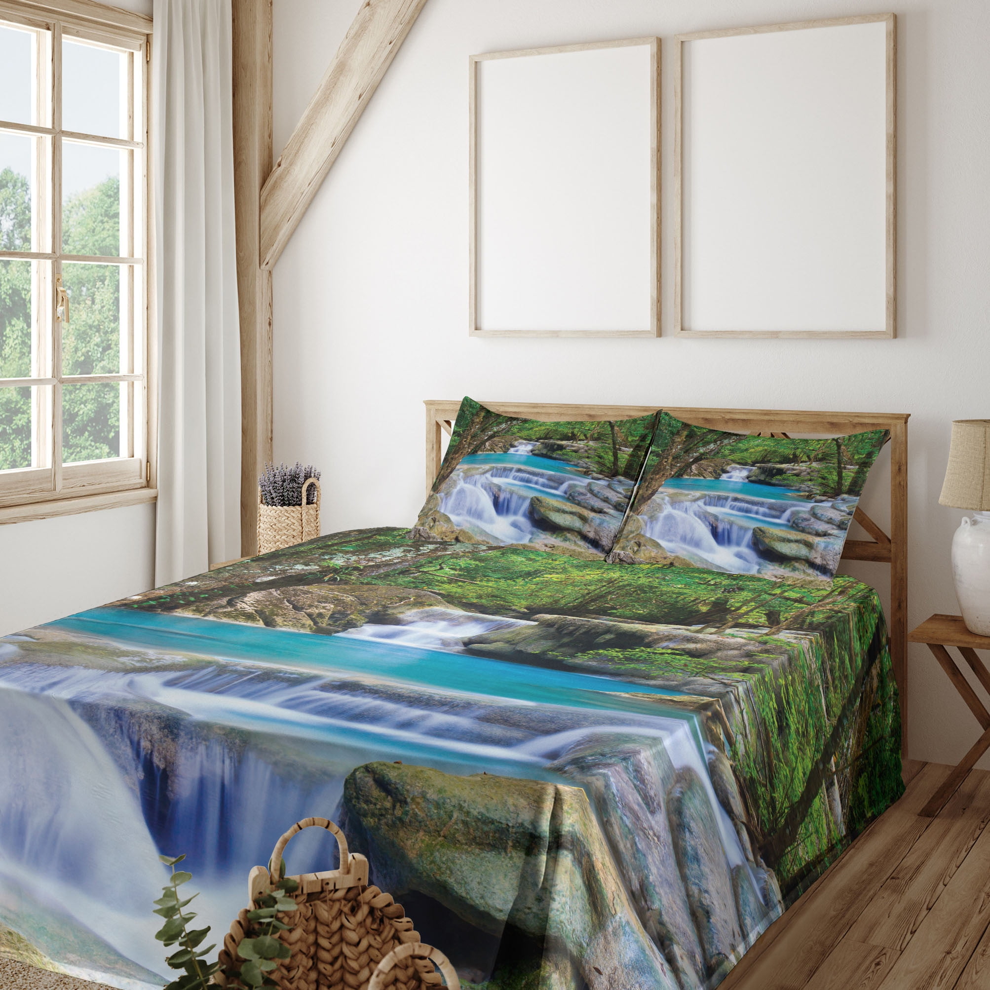 Ambesonne Nature Fitted & Top Sheet Set with Shams, Rocks in Waterfall ...