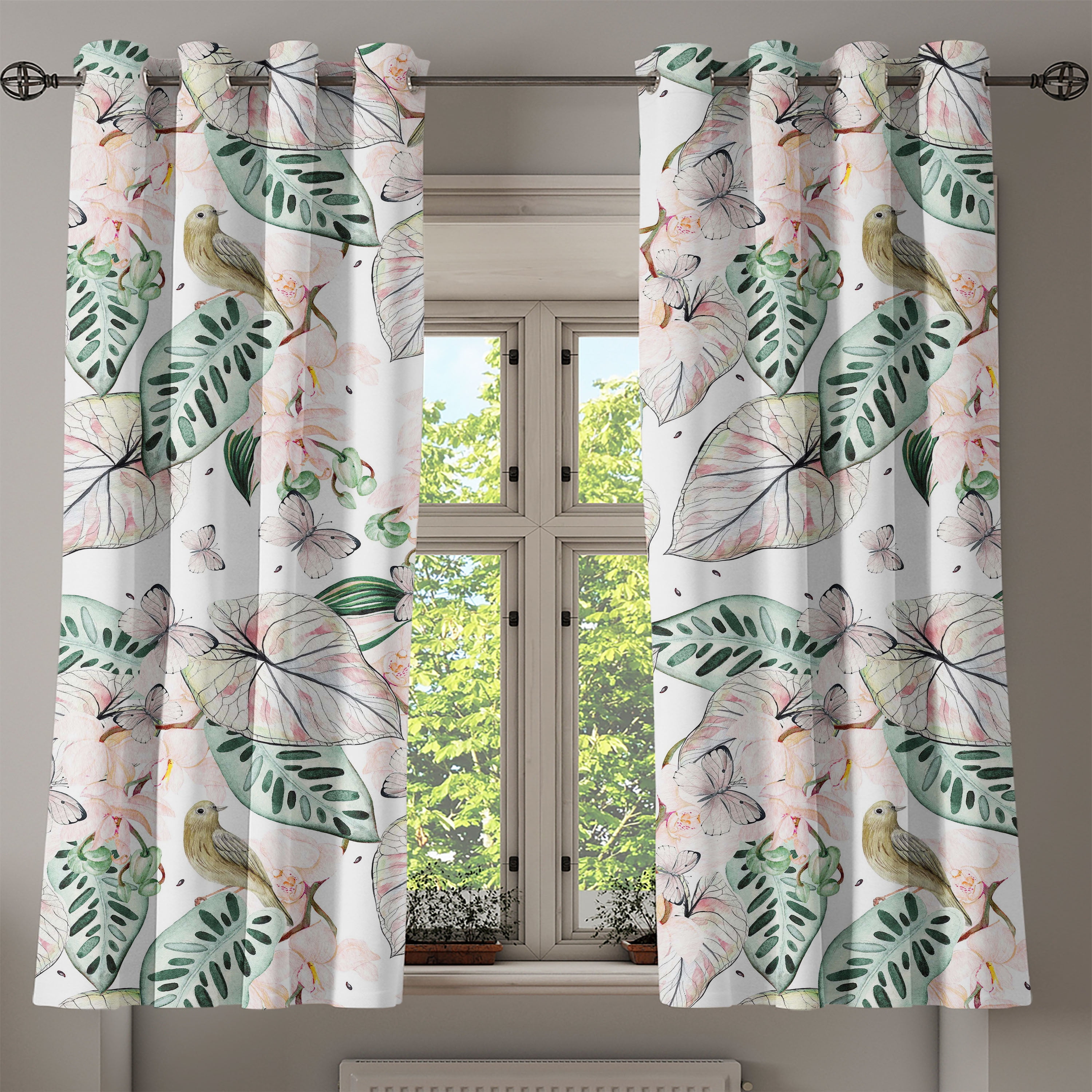 Ambesonne Nature Grommet Curtain, Wild Butterfly Bird Leafy, 50"x60 ...