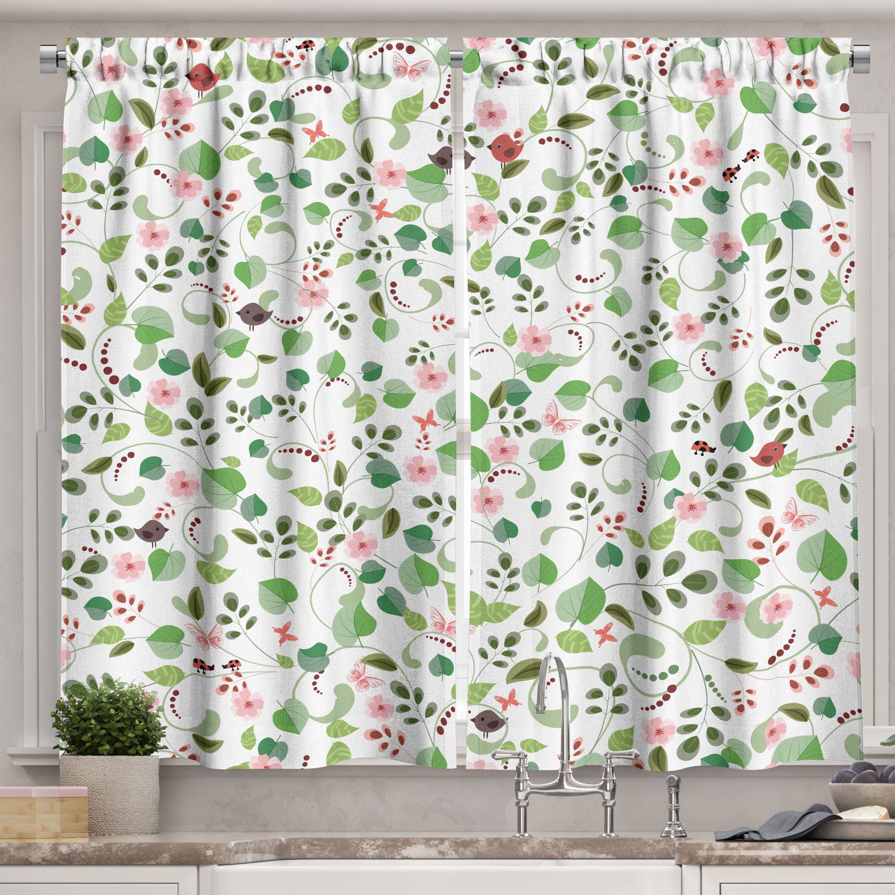 Ambesonne Nature Kitchen Curtains, Birds Butterflies and Leaves, 55"x39 ...
