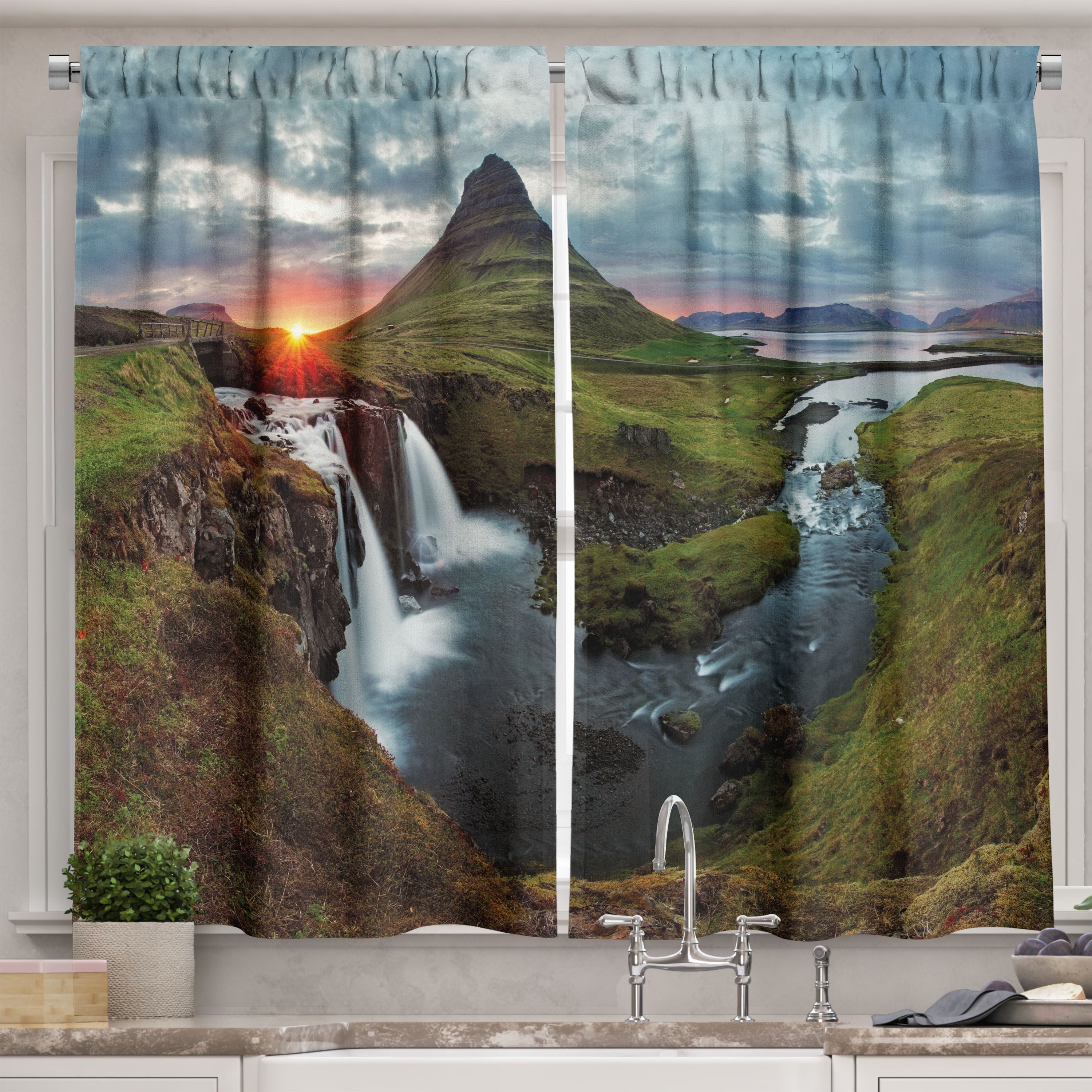 Ambesonne Nature Kitchen Curtains, Cascade Stream Wildlife, 55"x30 ...