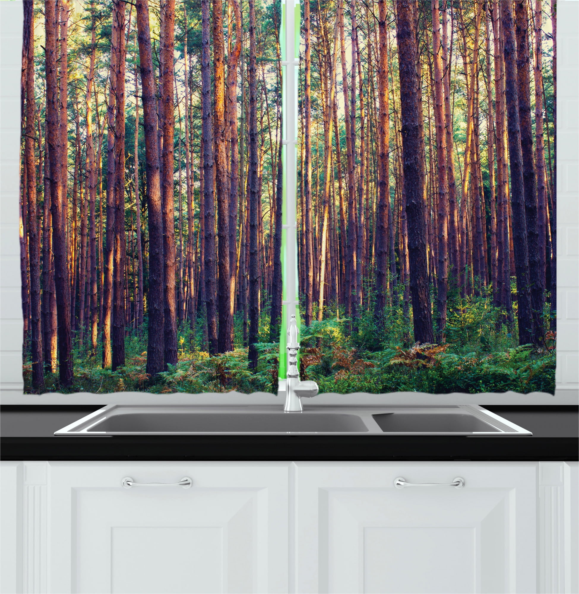 Ambesonne Nature Kitchen Curtains, Fall Trees Forest Trunks, 55"x45 ...