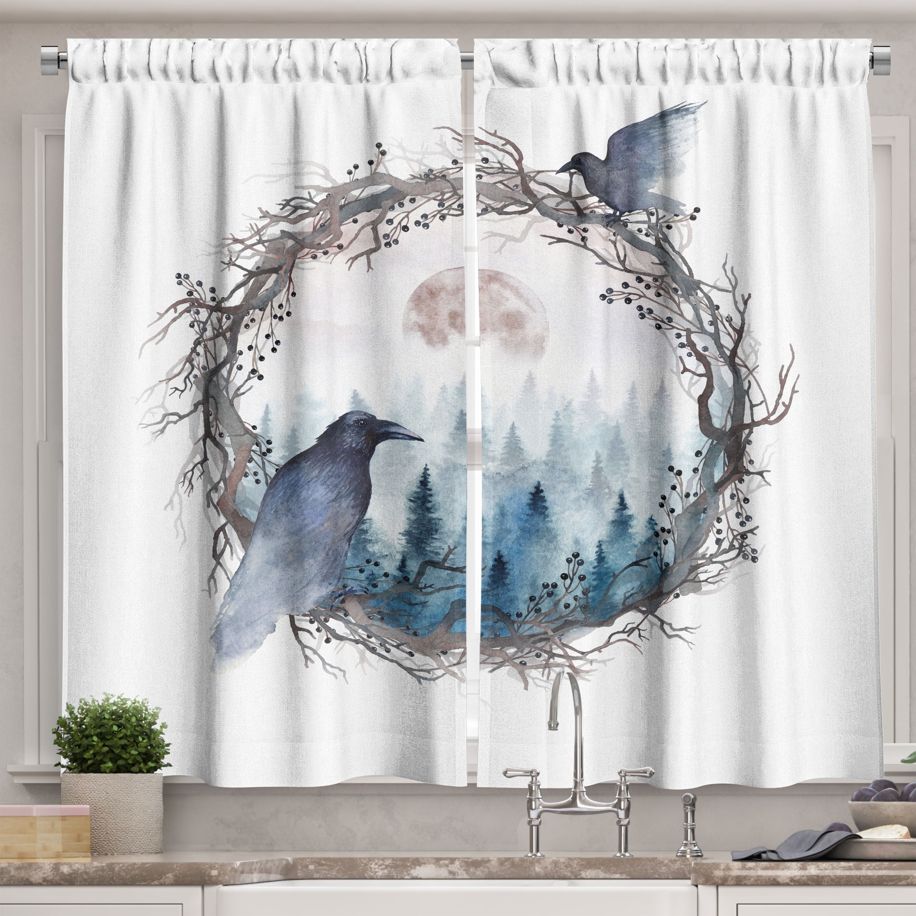 Ambesonne Nature Kitchen Curtains, Foggy Forest Crow Watercolor, 55"x45 ...