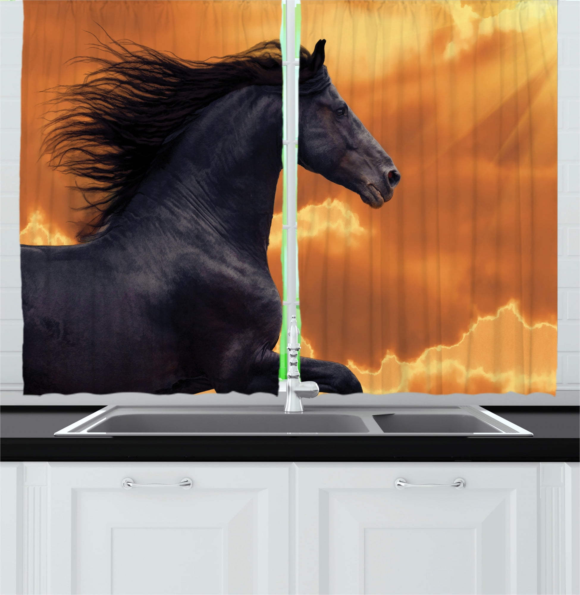 Ambesonne Nature Kitchen Curtains, Galloping Friesian Horse, 55"x45 ...
