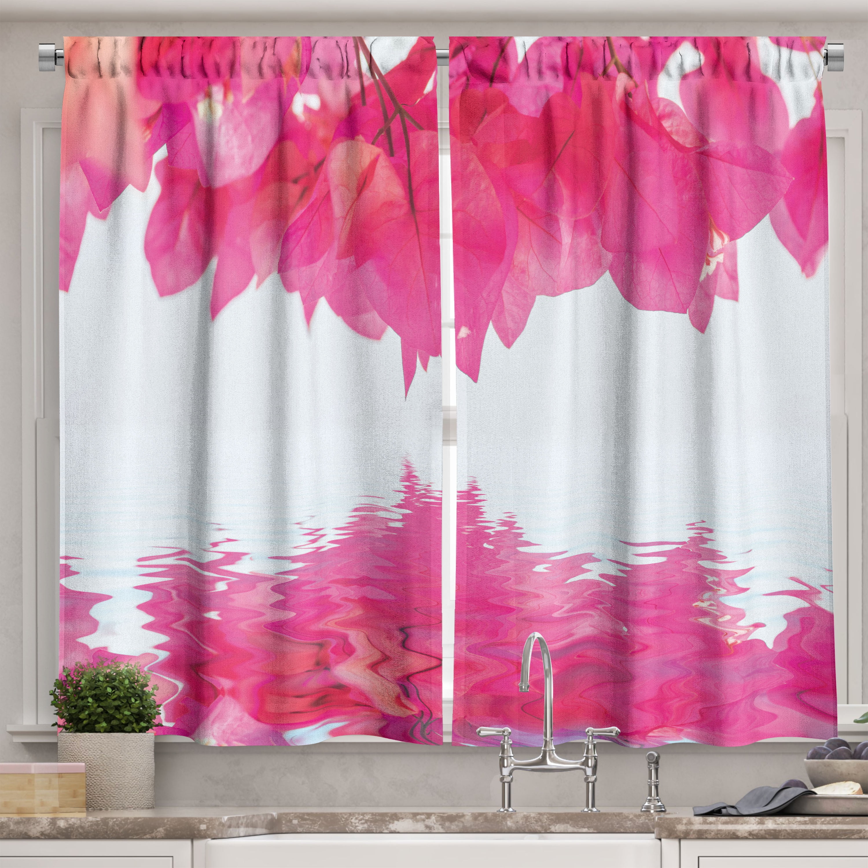 Ambesonne Nature Kitchen Curtains, Pink Leaves on River, 55"x45", Hot ...