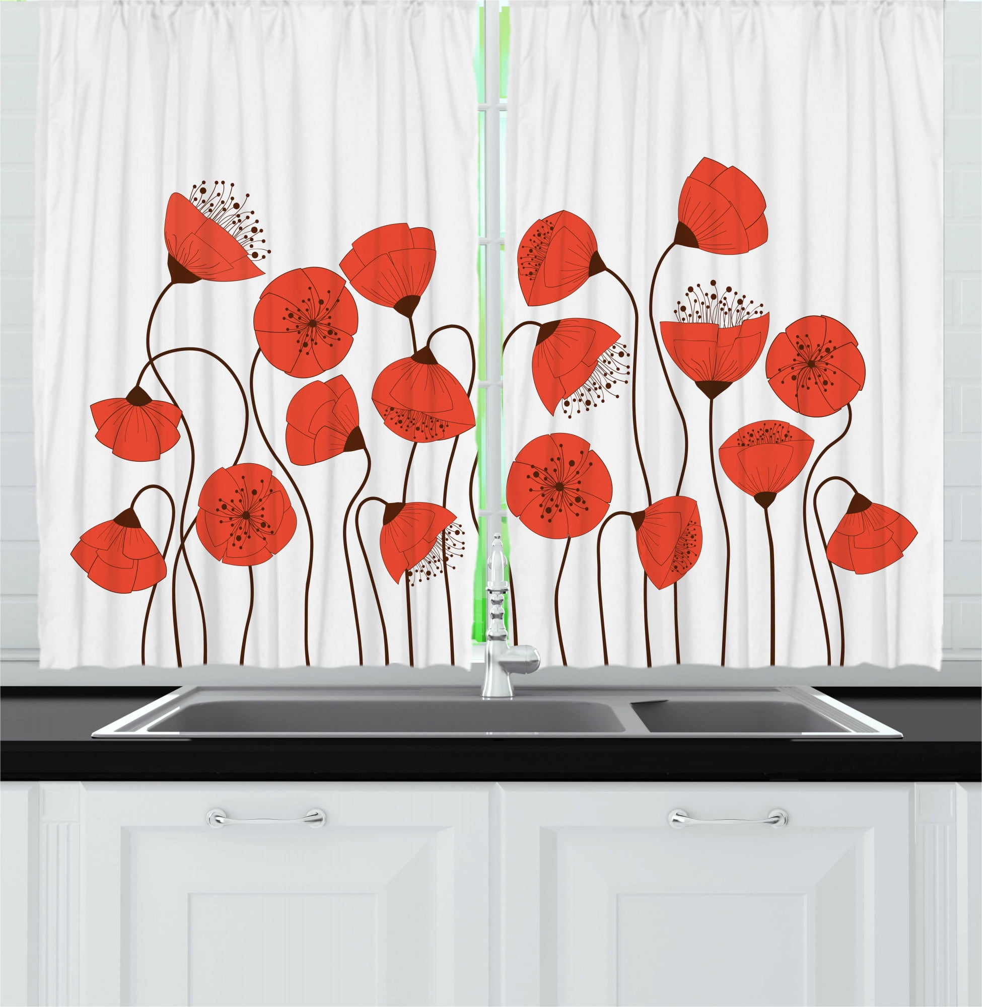 Ambesonne Nature Kitchen Curtains, Summer Poppy Flowers, 55"x45 ...