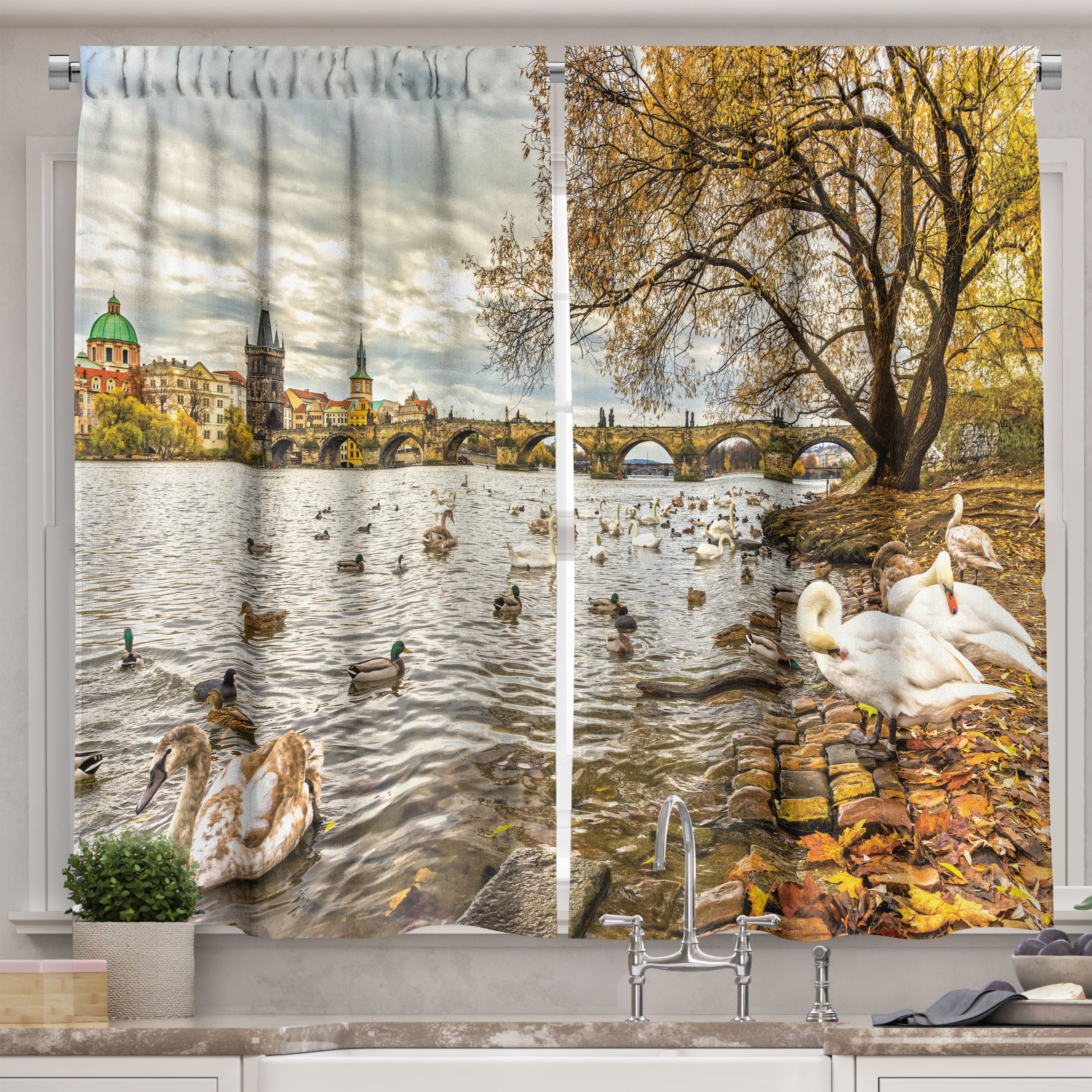 Ambesonne Nature Kitchen Curtains, Swimming Swans in River, 55"x39 ...