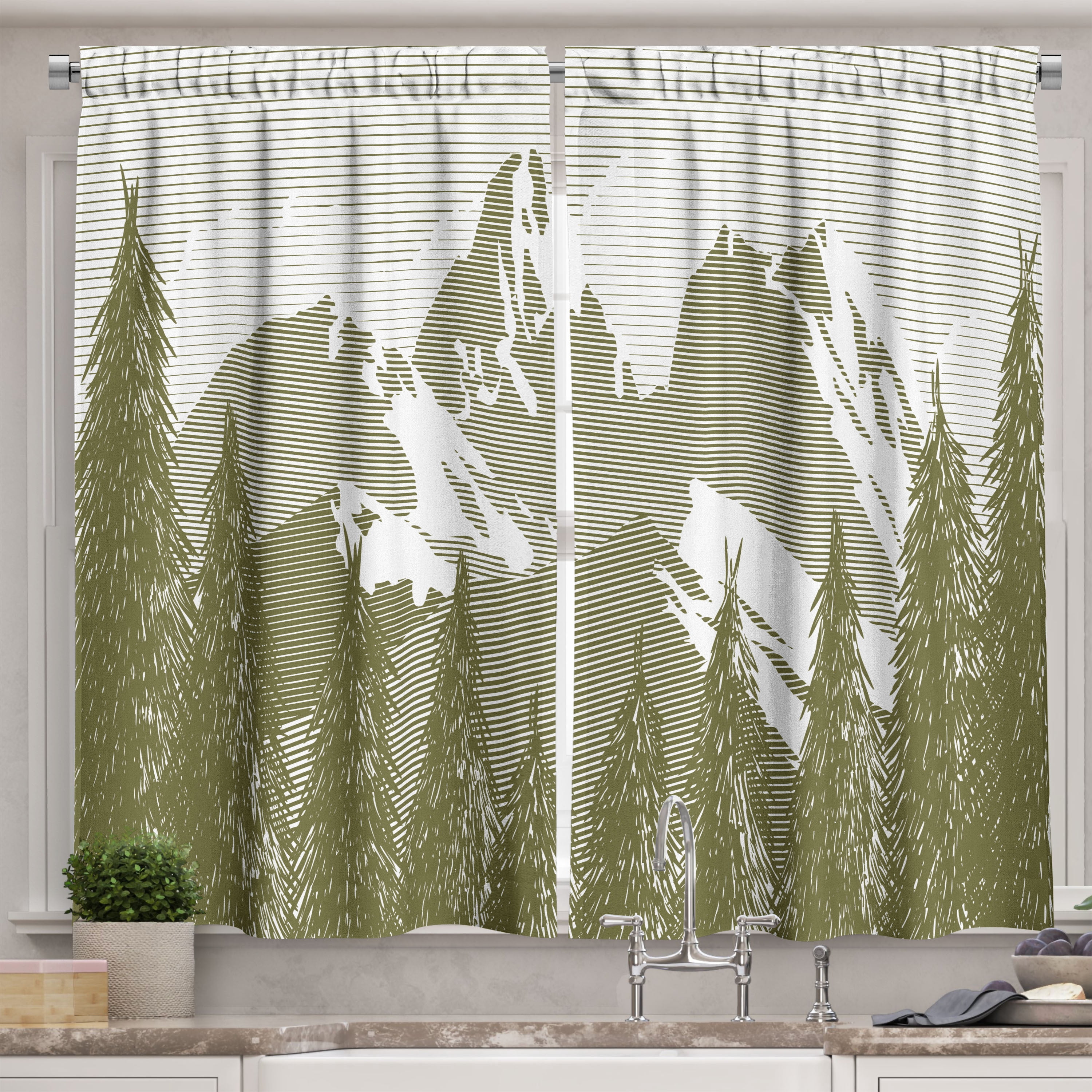 Ambesonne Nature Kitchen Curtains, Woodcut Style Mountain Land, 55"x45 ...