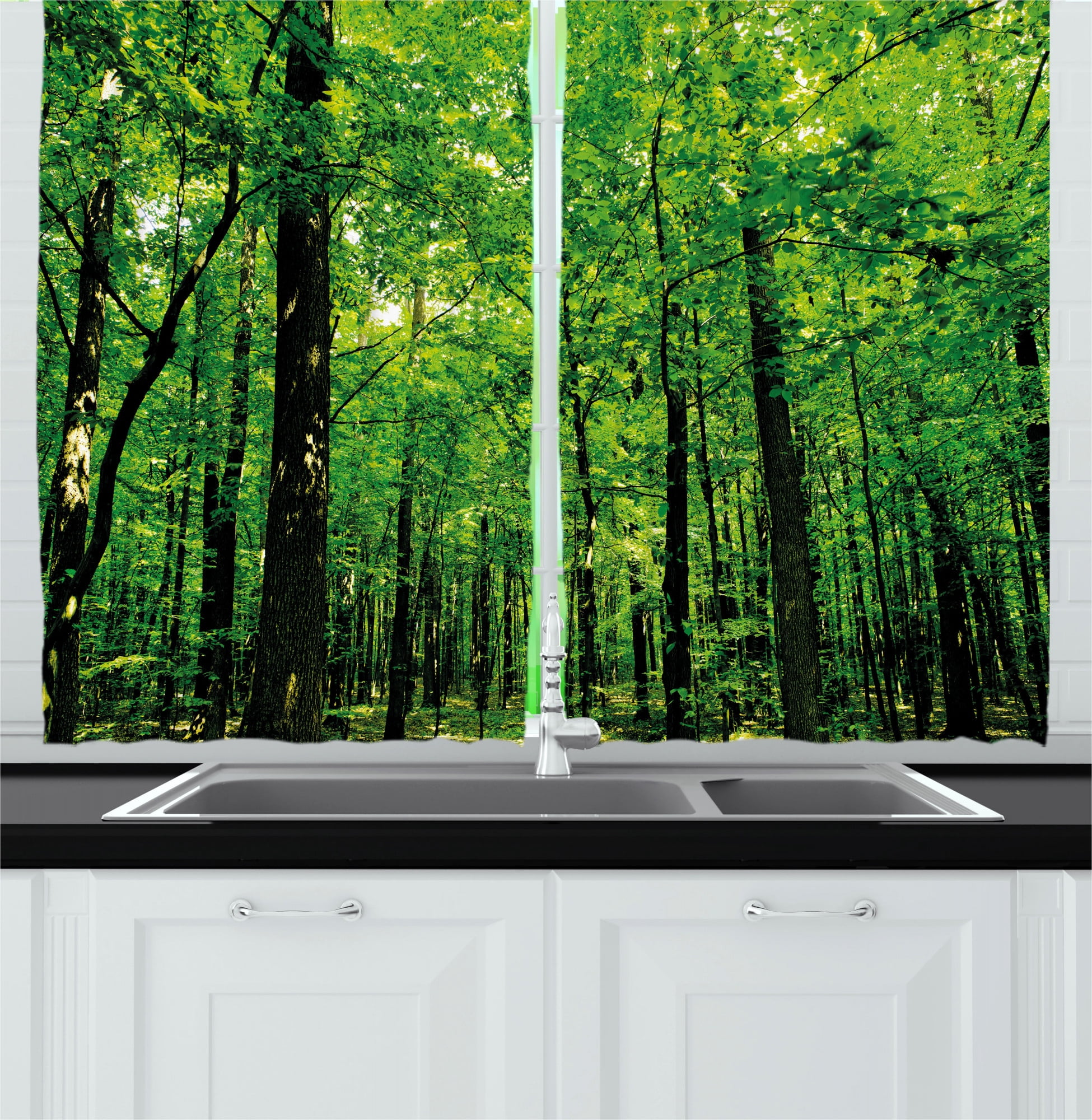 Ambesonne Nature Kitchen Curtains, Woodland Tree Forest Sun, 55"x45 ...