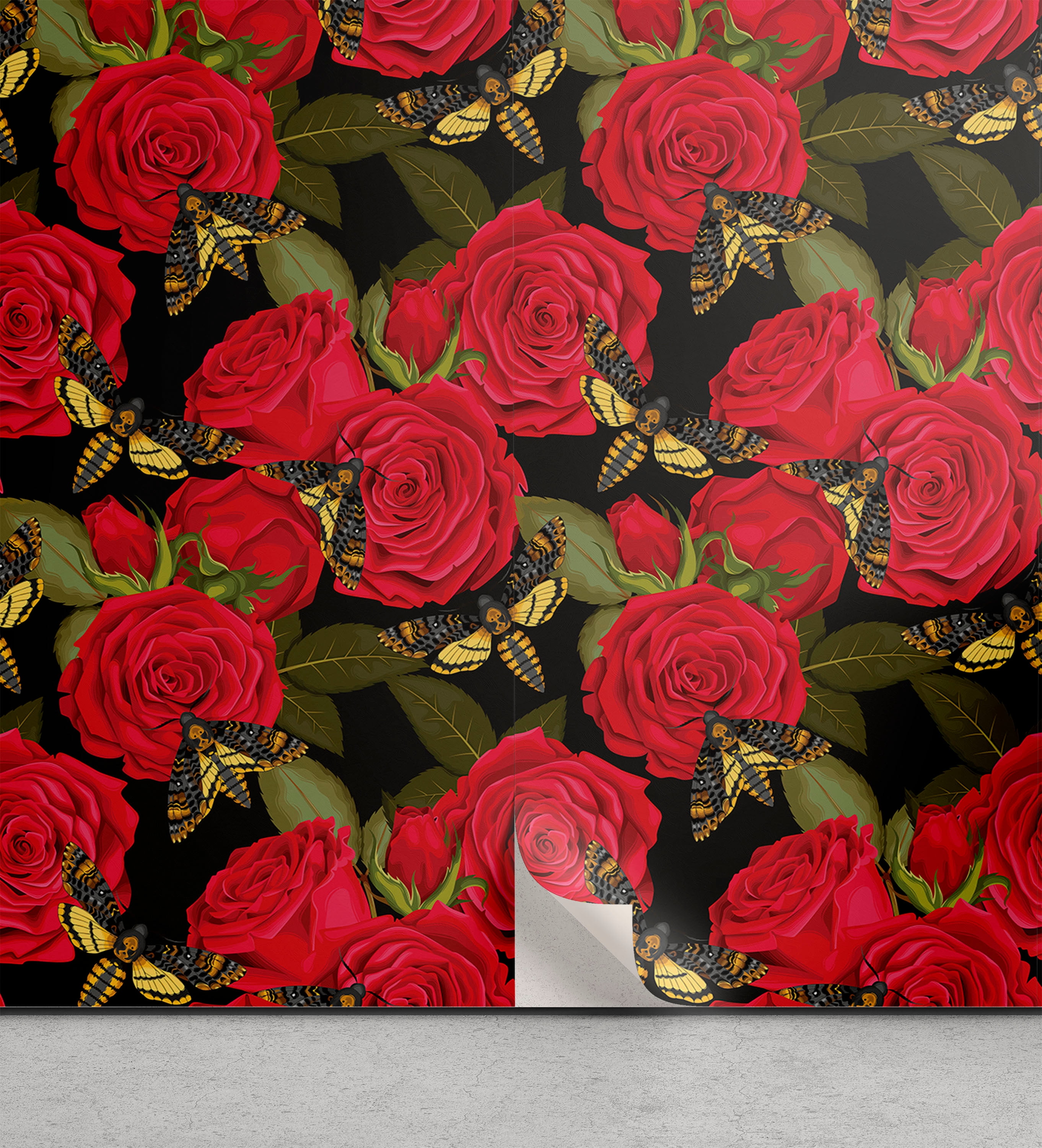 Ambesonne Nature Peel & Stick Wallpaper for Home, Goth Roses and Moths ...