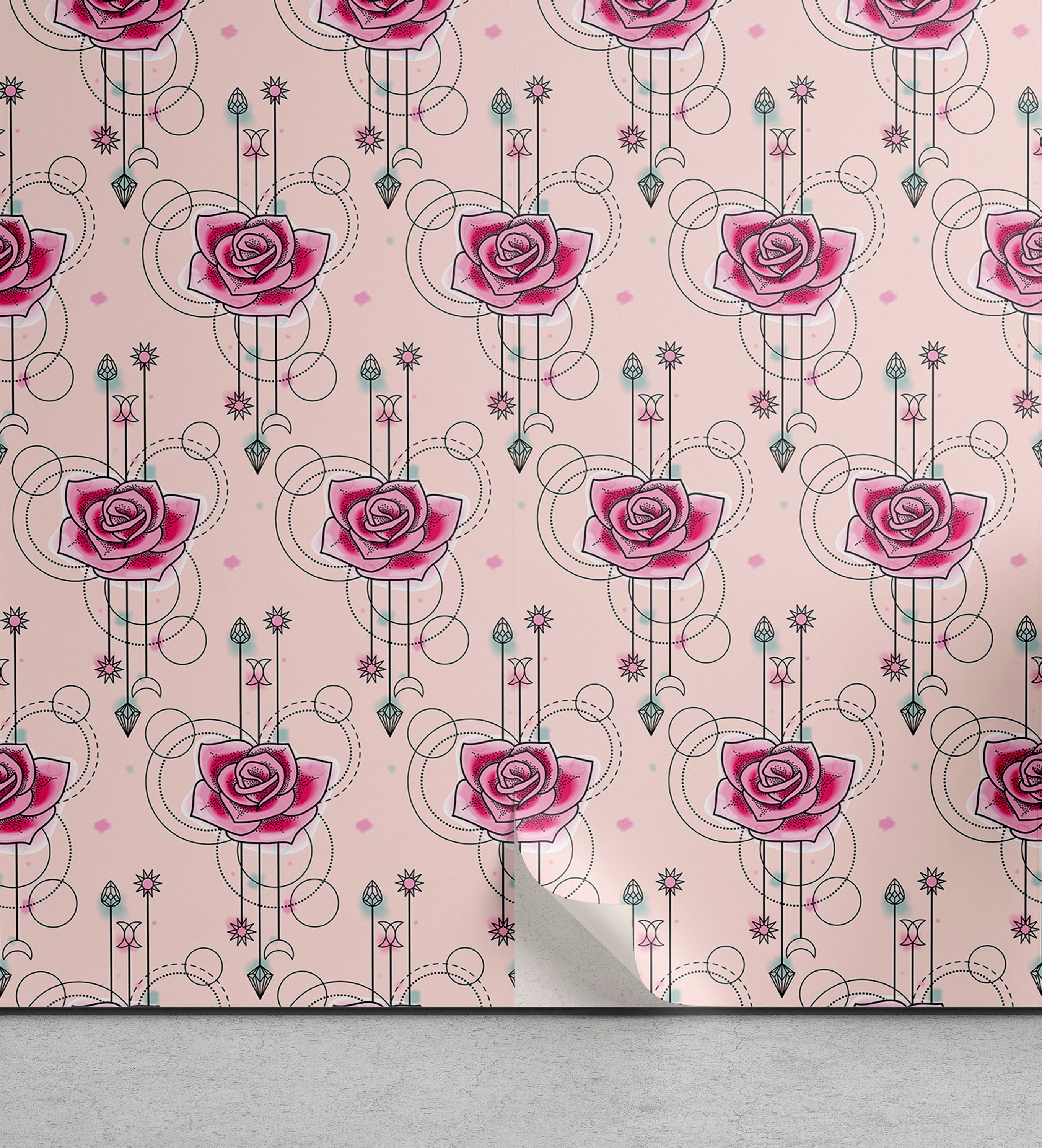 Ambesonne Nature Peel & Stick Wallpaper for Home, Roses Dashes Circles ...