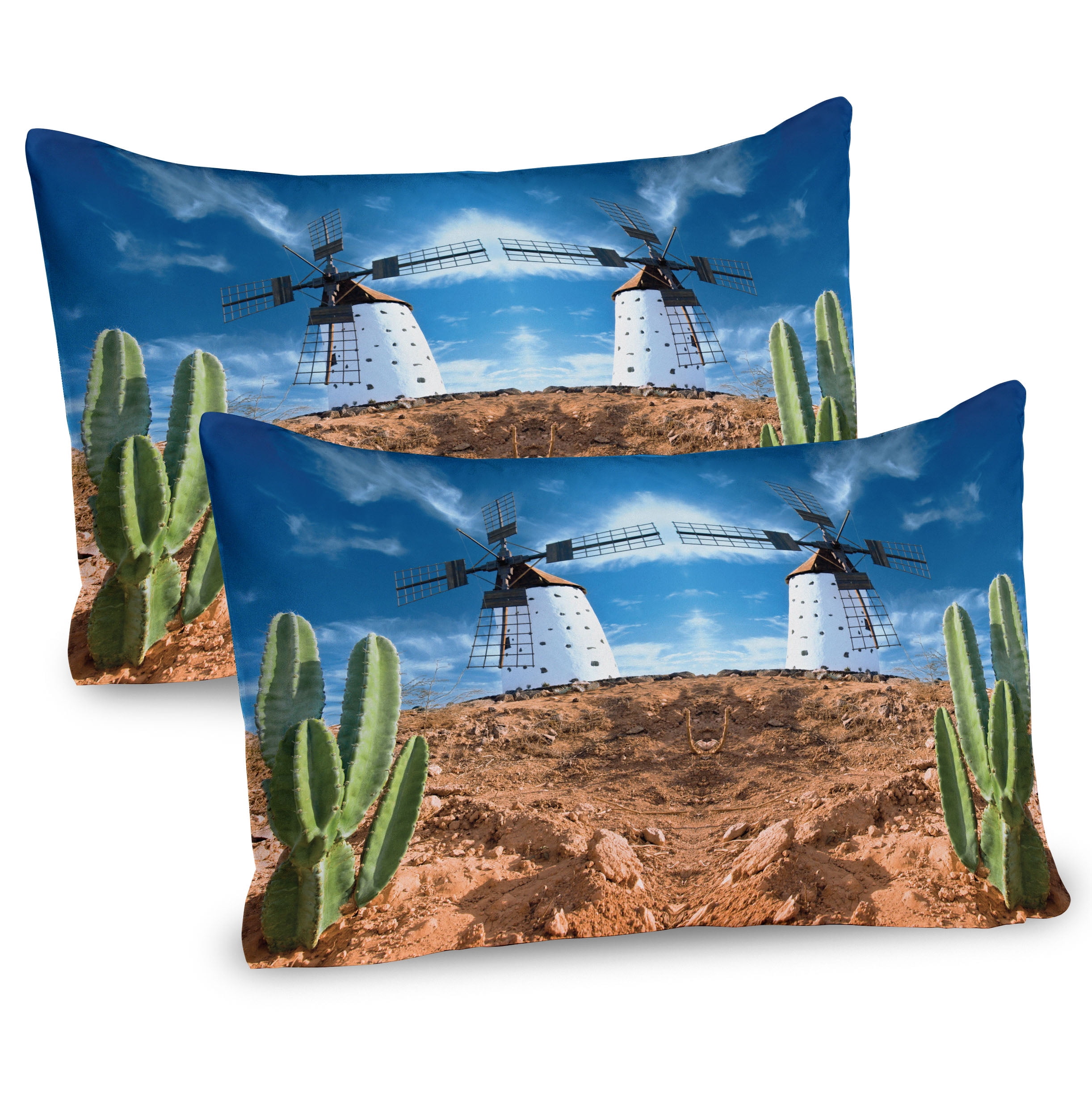 Ambesonne Nature Pillow Sham 2 Pack, Windmill and Exotic Cactus, 36"x20 ...