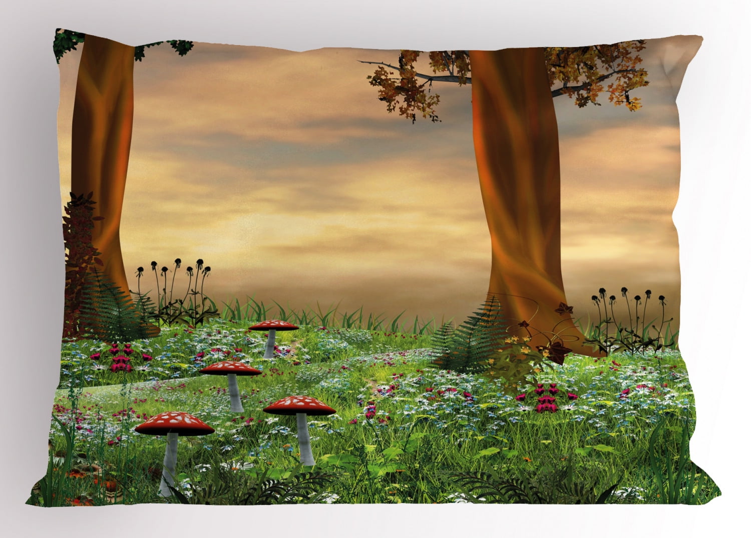 Ambesonne Nature Pillow Sham, Enchanted Woods Sunset, 26" X 20 ...