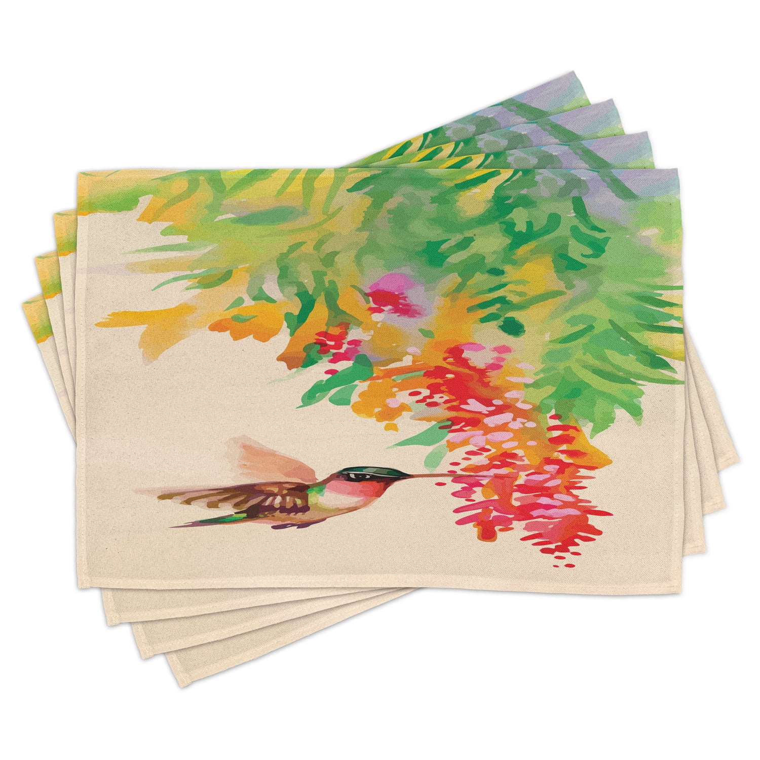 Ambesonne Nature Place Mats Set of 4, Colibri Exotic Tree, Standard Size, Green Red Beige ...