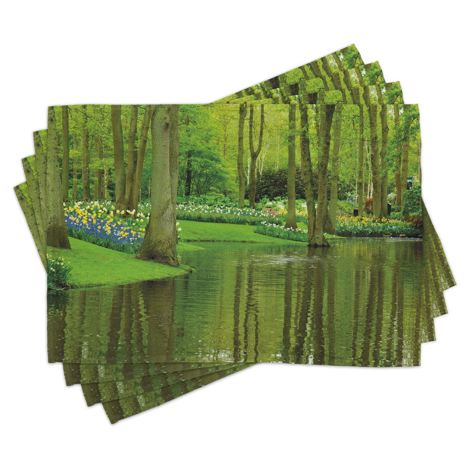 Ambesonne Nature Place Mats Set of 4, Forest with Lake Botany, Standard ...