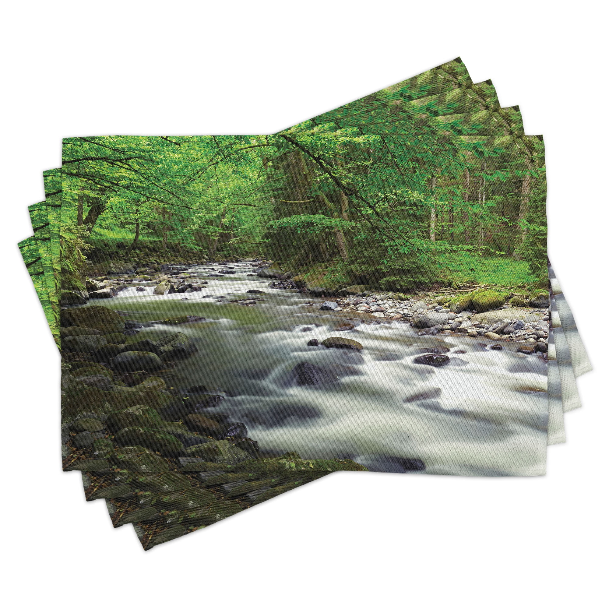 Ambesonne Nature Place Mats Set of 4, Riverbed Rocks Trees, Standard ...