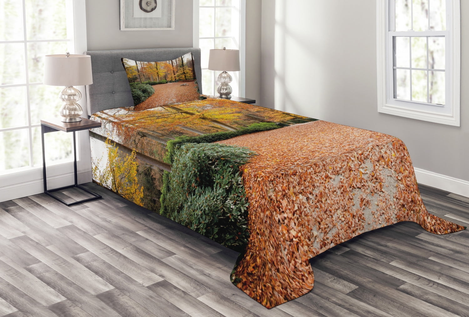 Ambesonne Nature Quilted Bedspread Set 2 Pcs, Autumn Forest Trees Fall ...