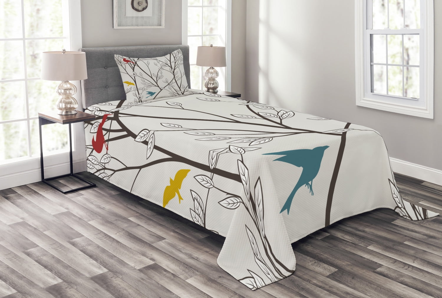 Ambesonne Nature Quilted Bedspread Set 2 Pcs, Birds Wildlife Cartoon ...