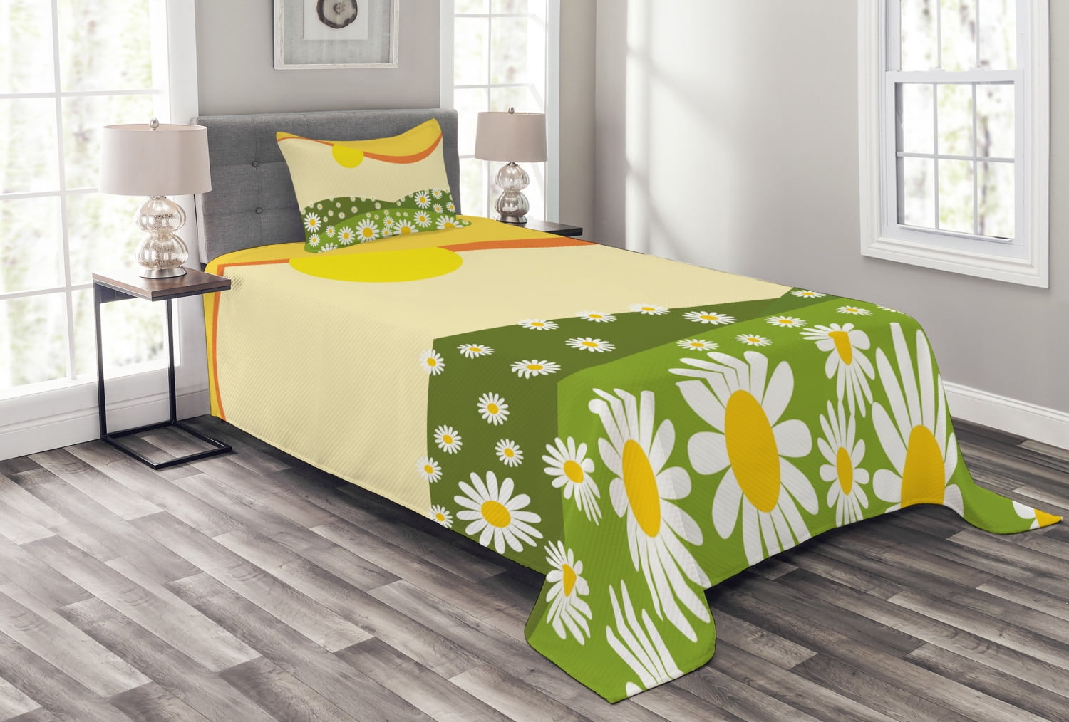 Ambesonne Nature Quilted Bedspread Set 2 Pcs, Daisy Flower Field Sun ...