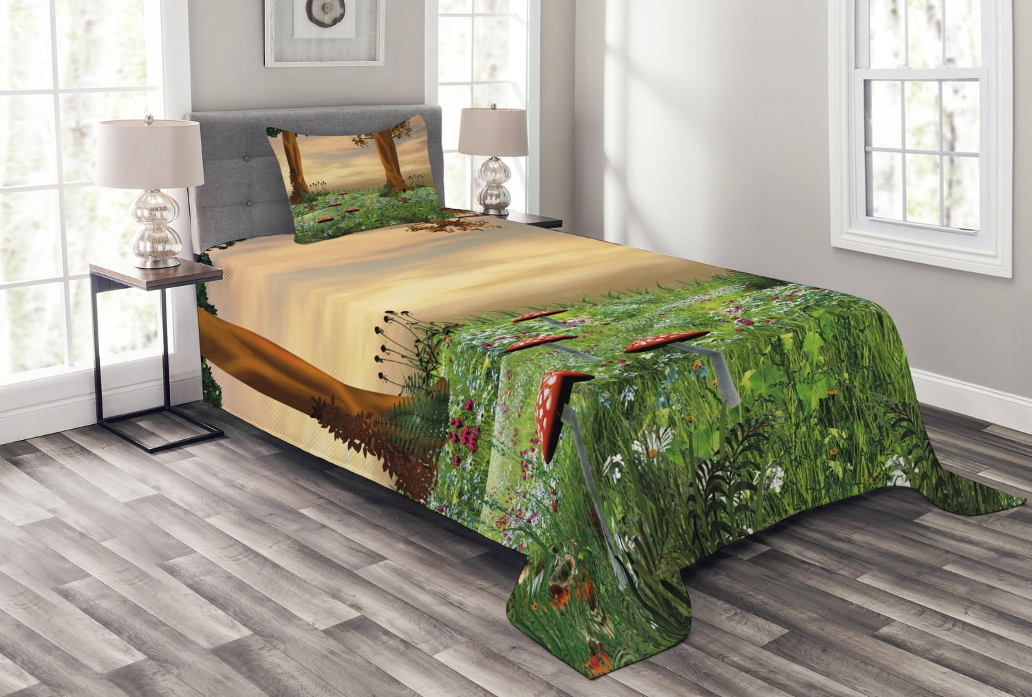 Ambesonne Nature Quilted Bedspread Set 2 Pcs, Enchanted Woods Sunset ...