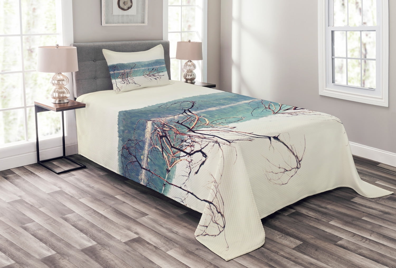 Ambesonne Nature Quilted Bedspread Set 2 Pcs, Fallen Tree in Beach ...