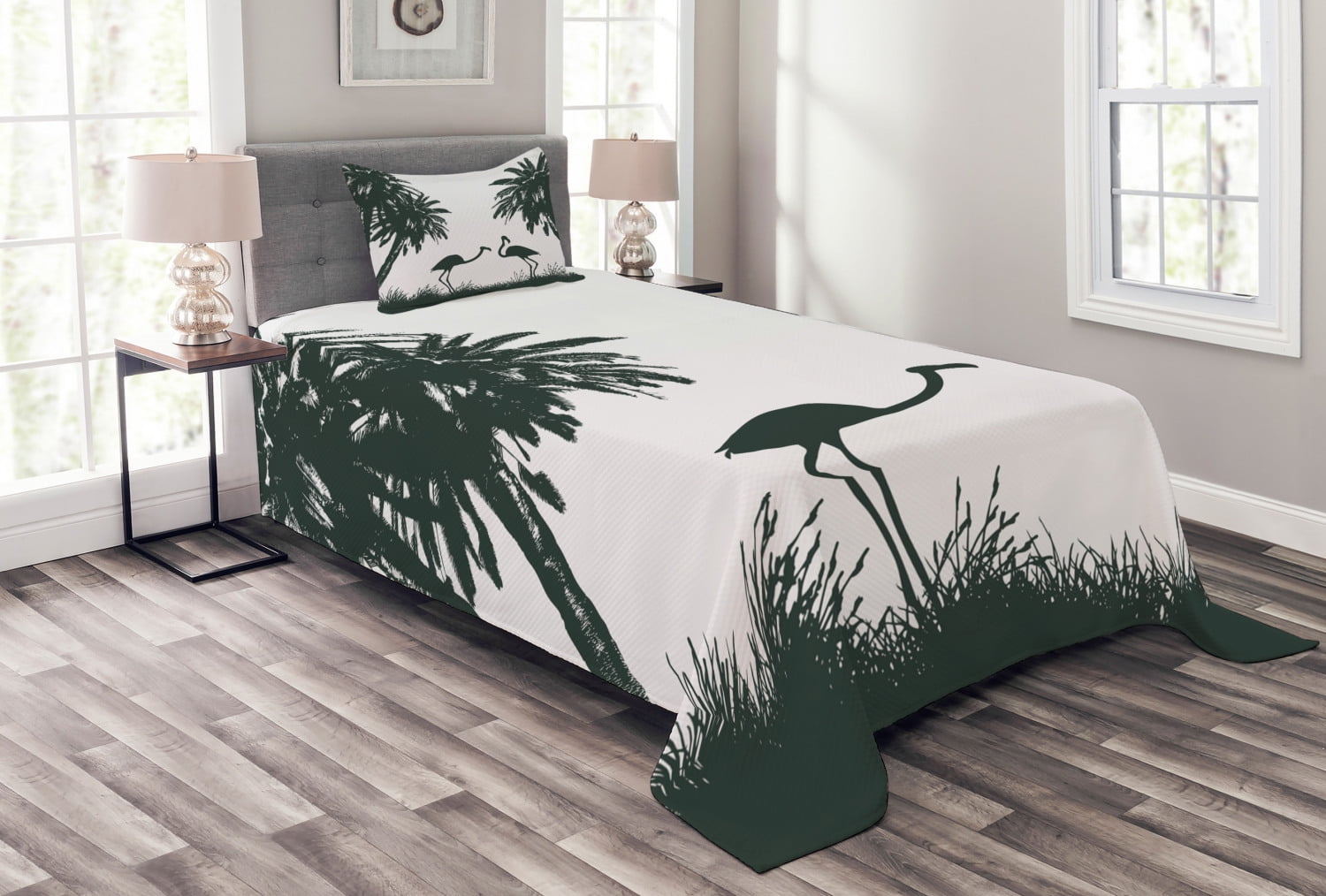 Ambesonne Nature Quilted Bedspread Set 2 Pcs, Flamingos and Palm Trees ...